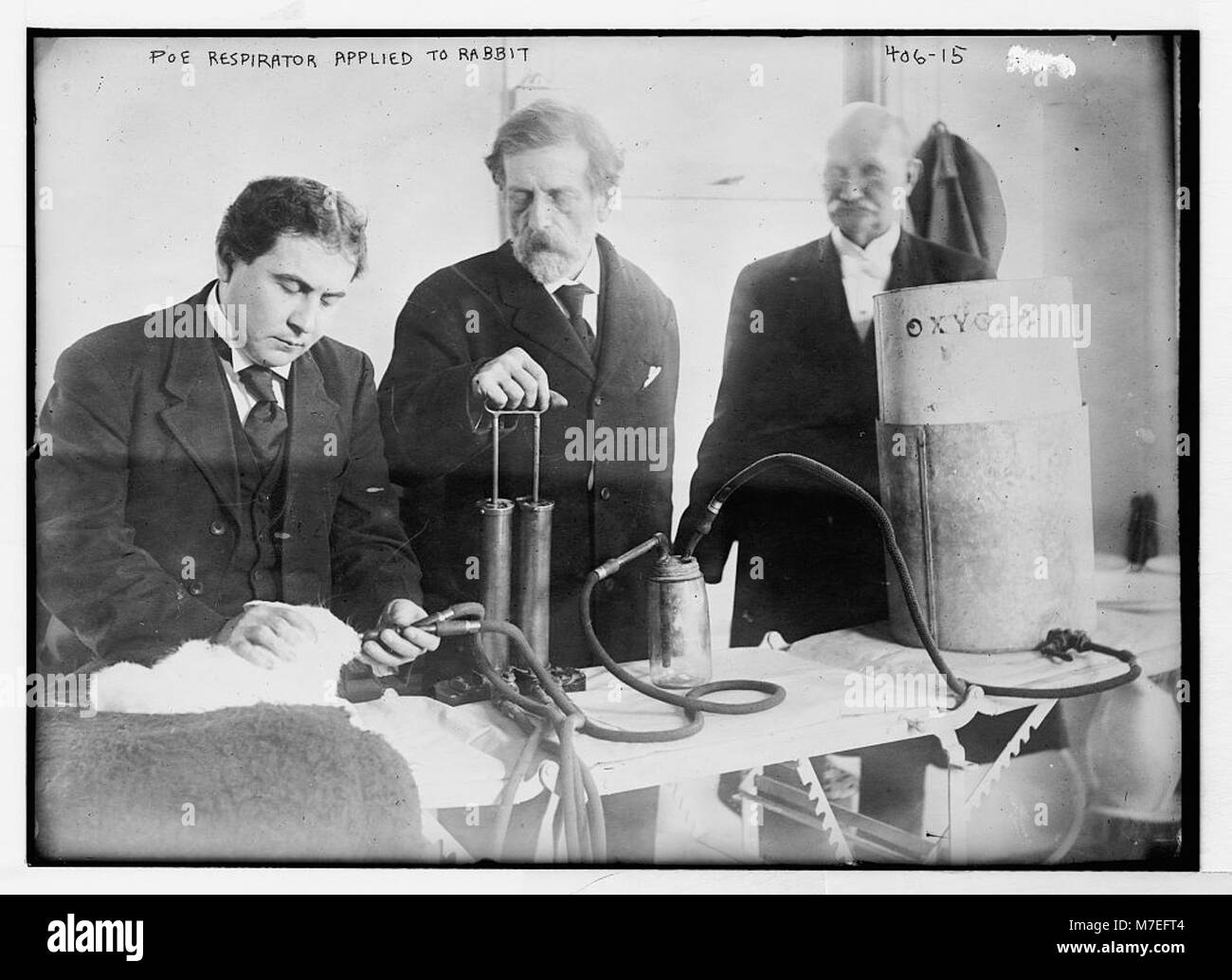 A historical image depicting the Poe respirator being applied to a ...