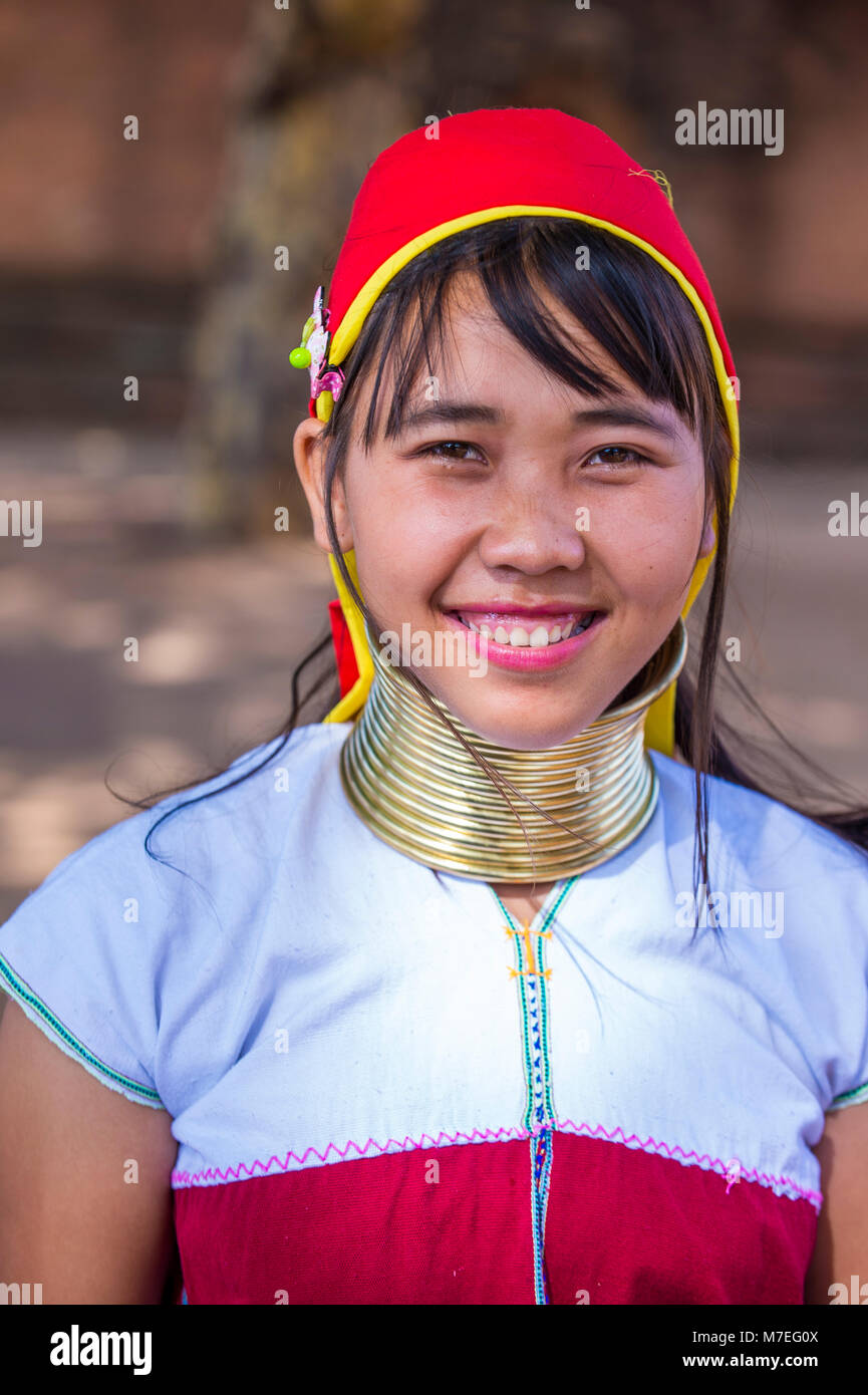 Portrait of Kayan tribe woman in Bagan Myanmar Stock Photo - Alamy