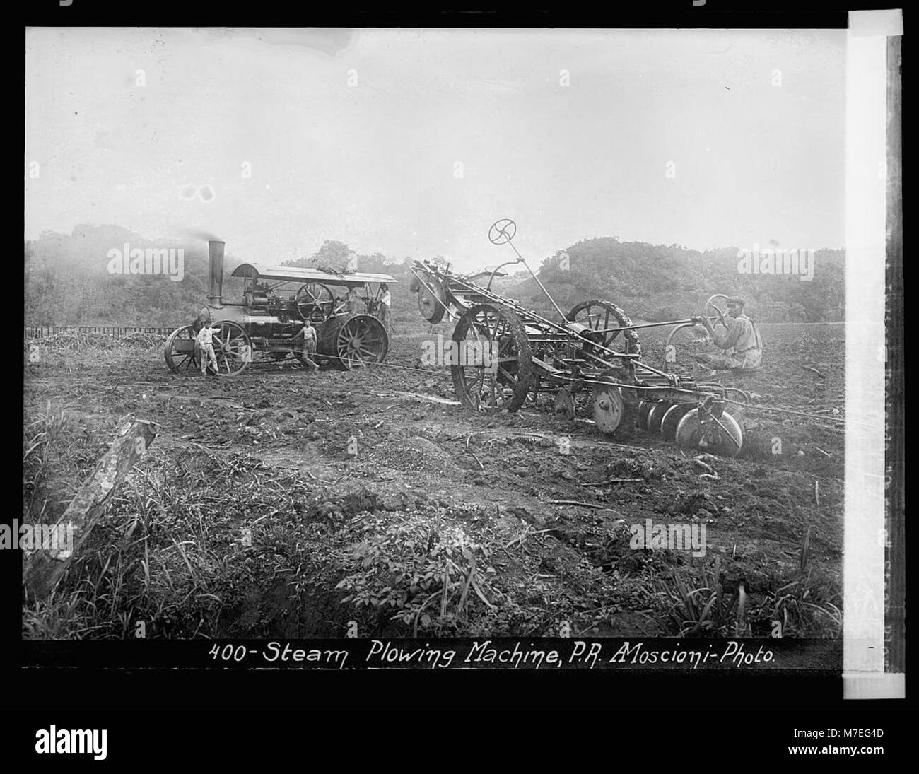 This photograph shows a steam-powered plowing machine at Hacienda ...