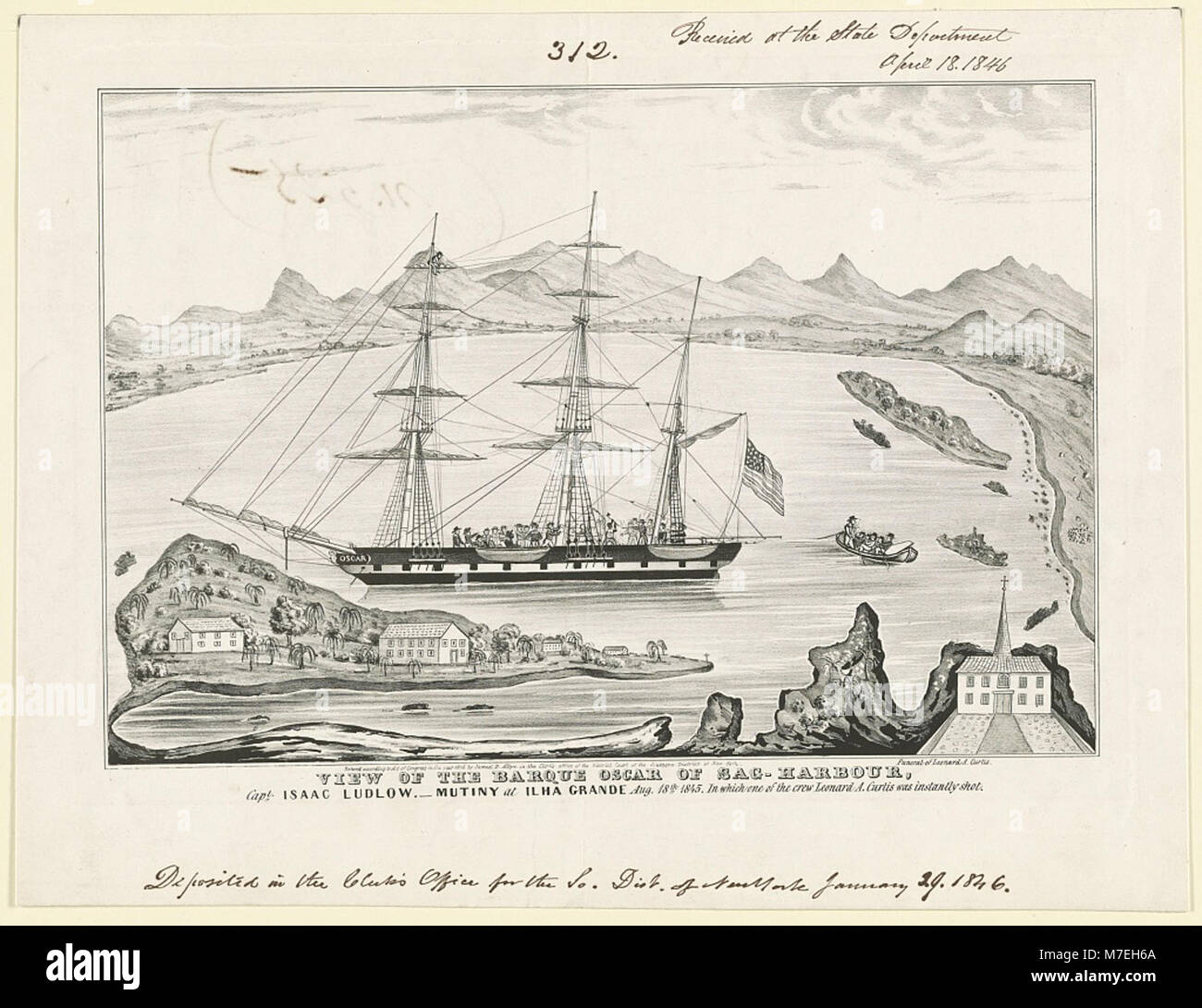 This image depicts the Barque Oscar of Sag Harbor under Captain Isaac ...