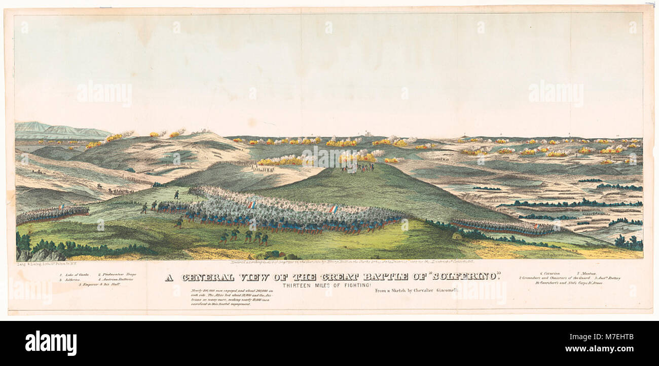 A depiction of the Battle of Solferino, which occurred in 1859, showing ...