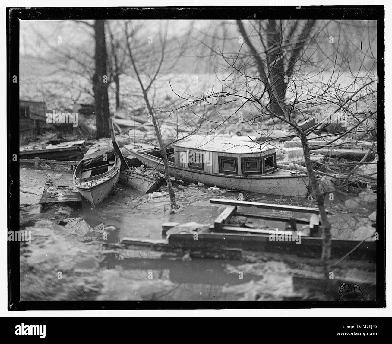 A historical photograph documenting the Potomac River during a flood ...
