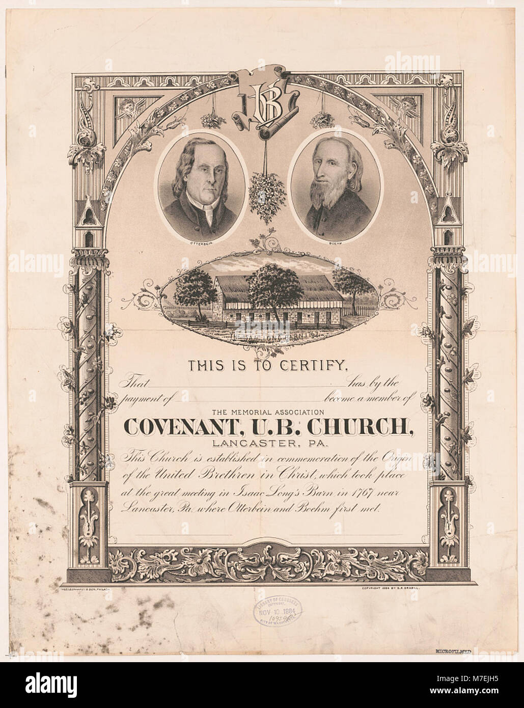 A certificate of membership in the Covenant United Brethren Church in ...