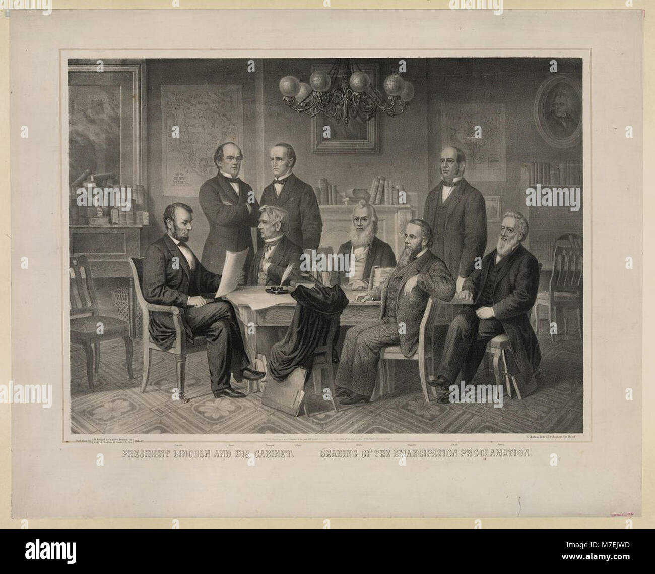A historical scene depicting President Abraham Lincoln and his cabinet ...