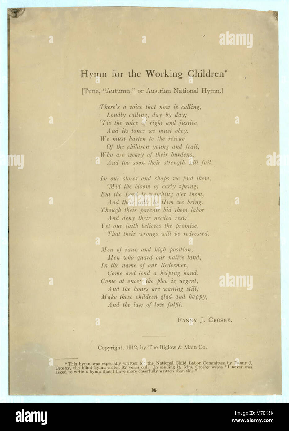 This image features the printed page of 'Hymn for the Working Children ...