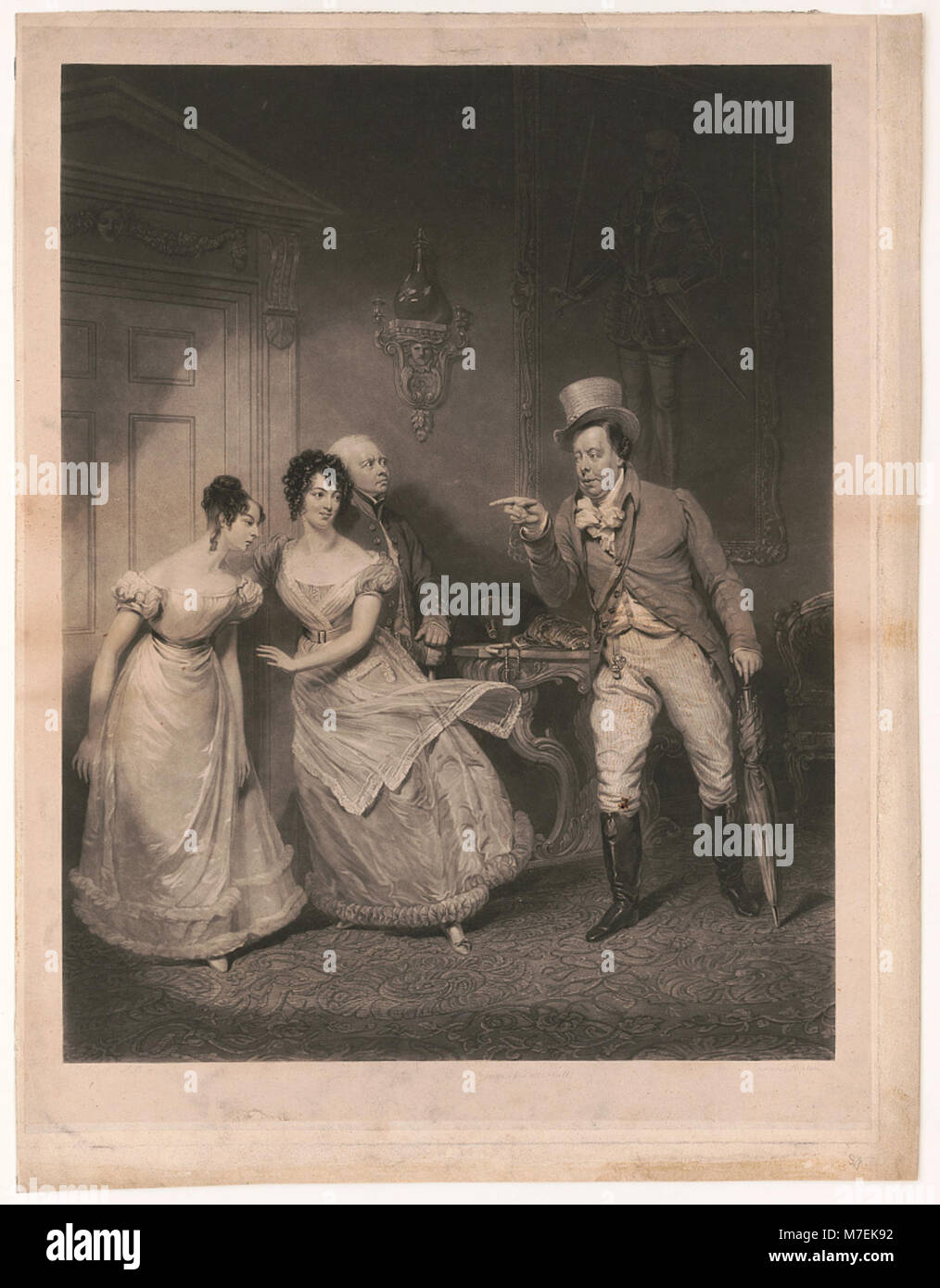 An interior scene depicting a man pointing at a young woman, with ...