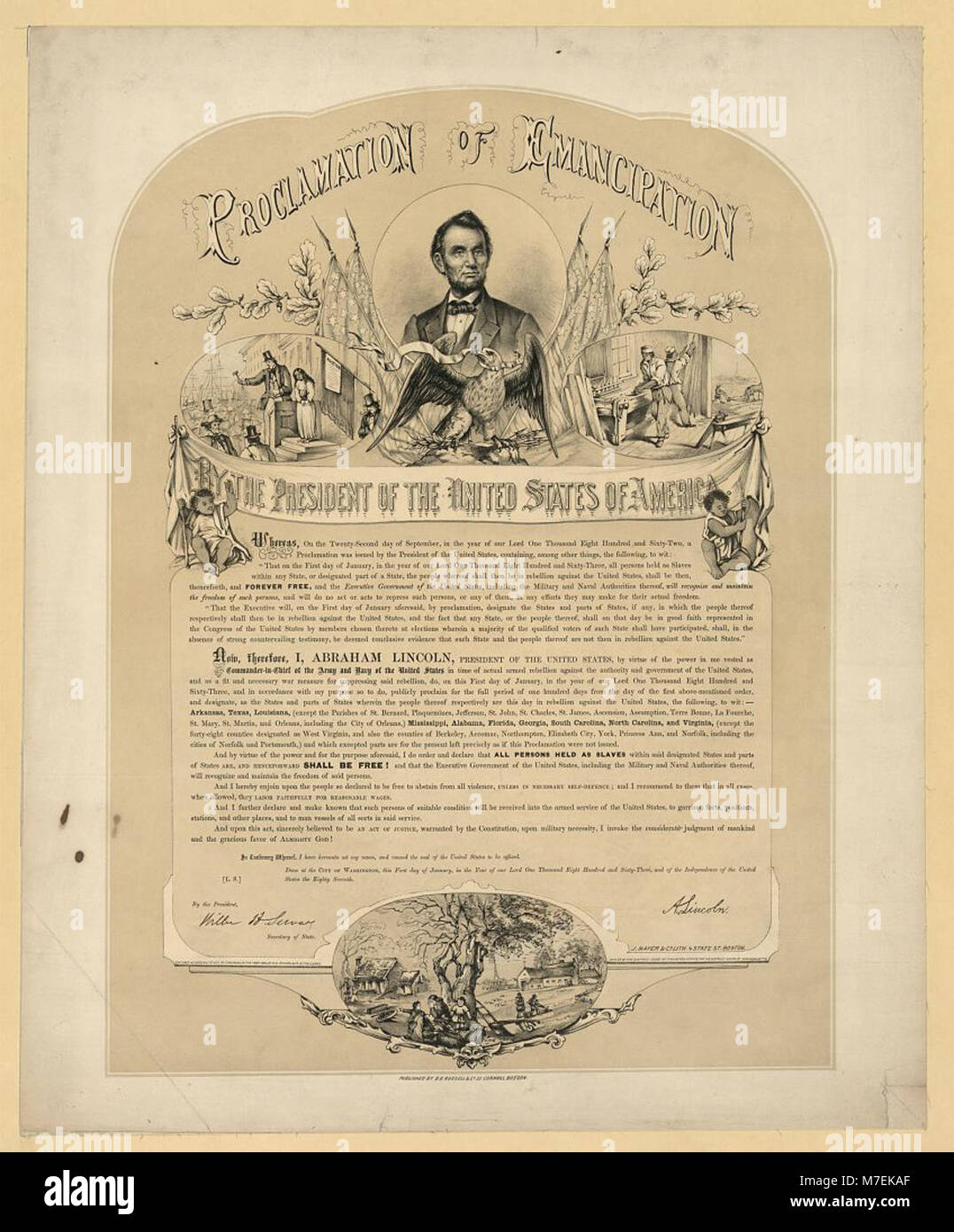 A historical image of the Emancipation Proclamation, a pivotal document signed by President ...