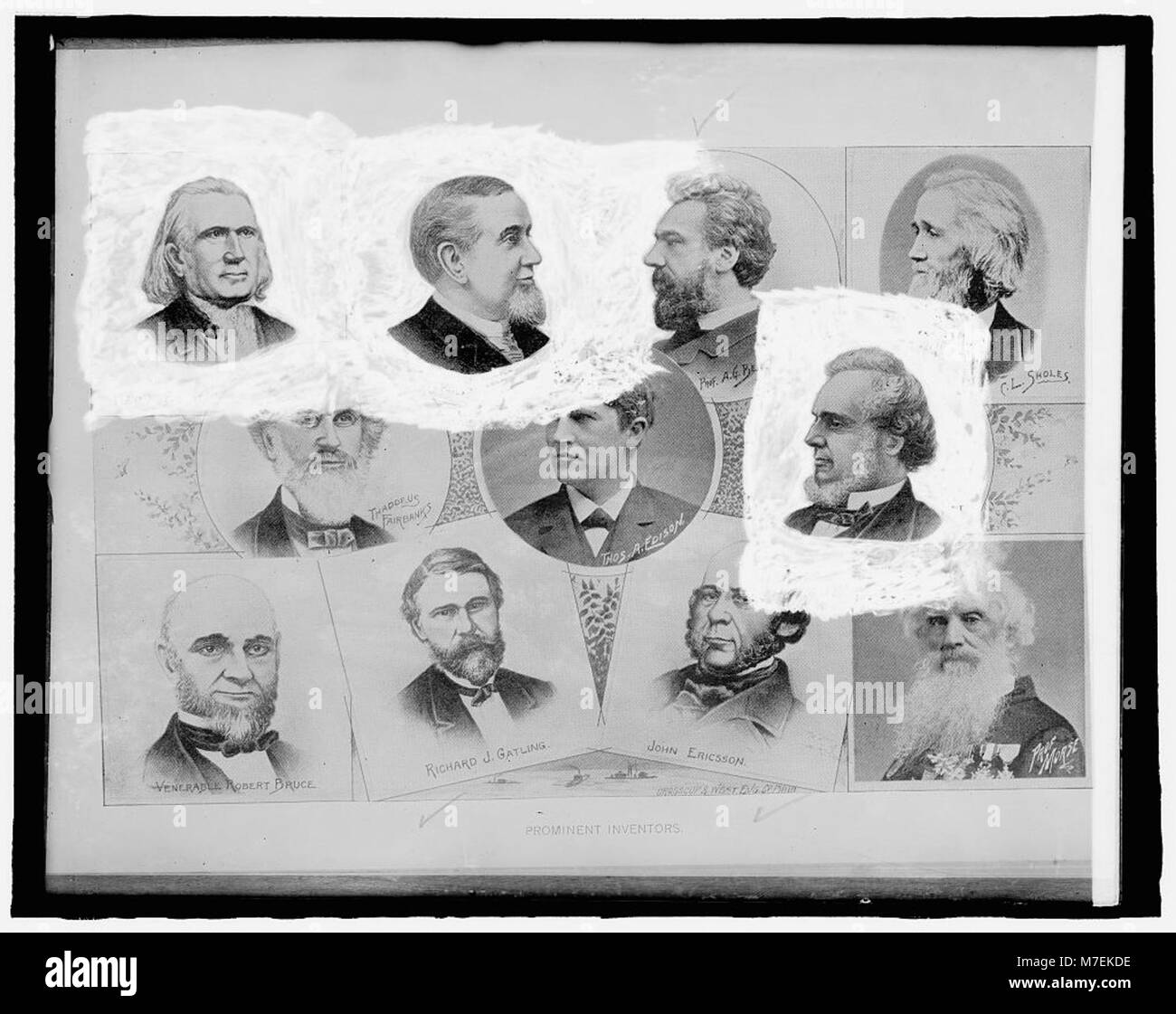 This image features portraits of prominent inventors throughout history ...