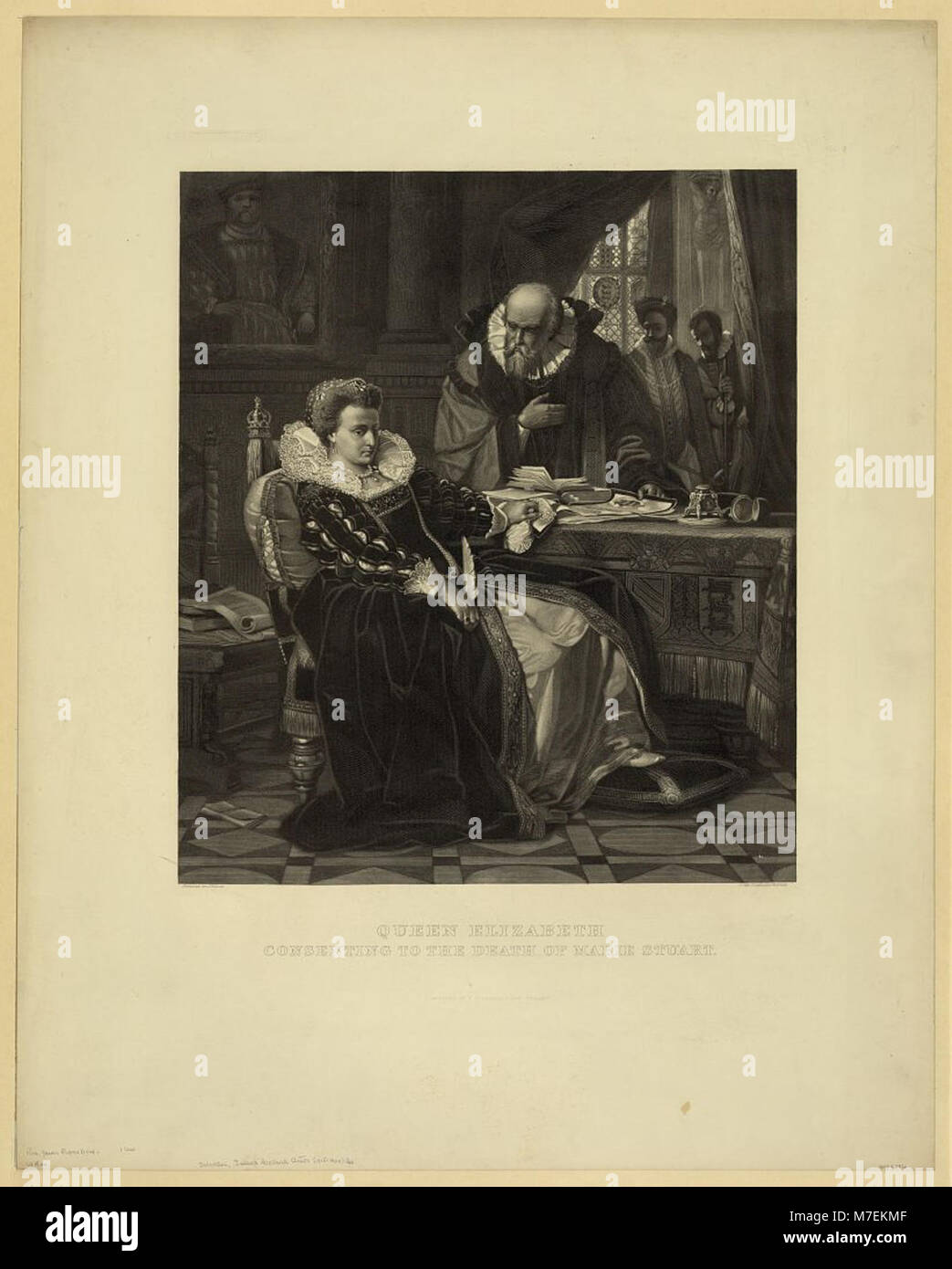 A historical depiction of Queen Elizabeth I consenting to the execution ...