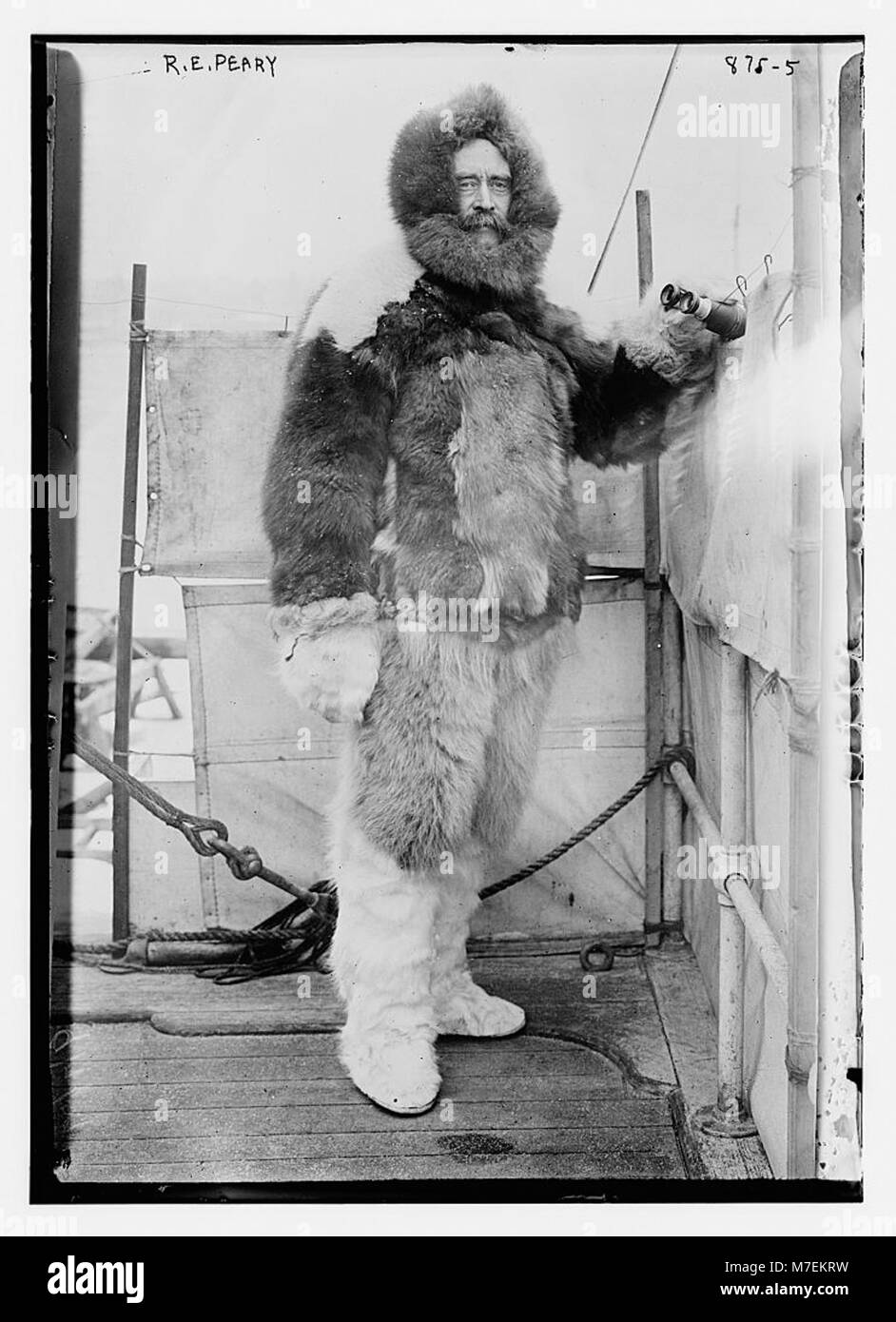 Explorer R.E. Peary is pictured aboard the ship 'Roosevelt,' wearing a ...