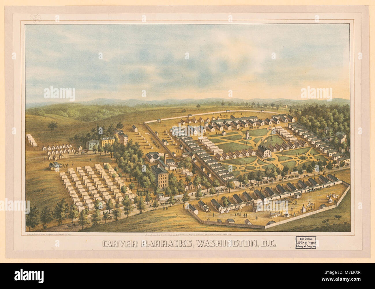 A lithograph print depicting Carver Barracks in Washington, D.C ...