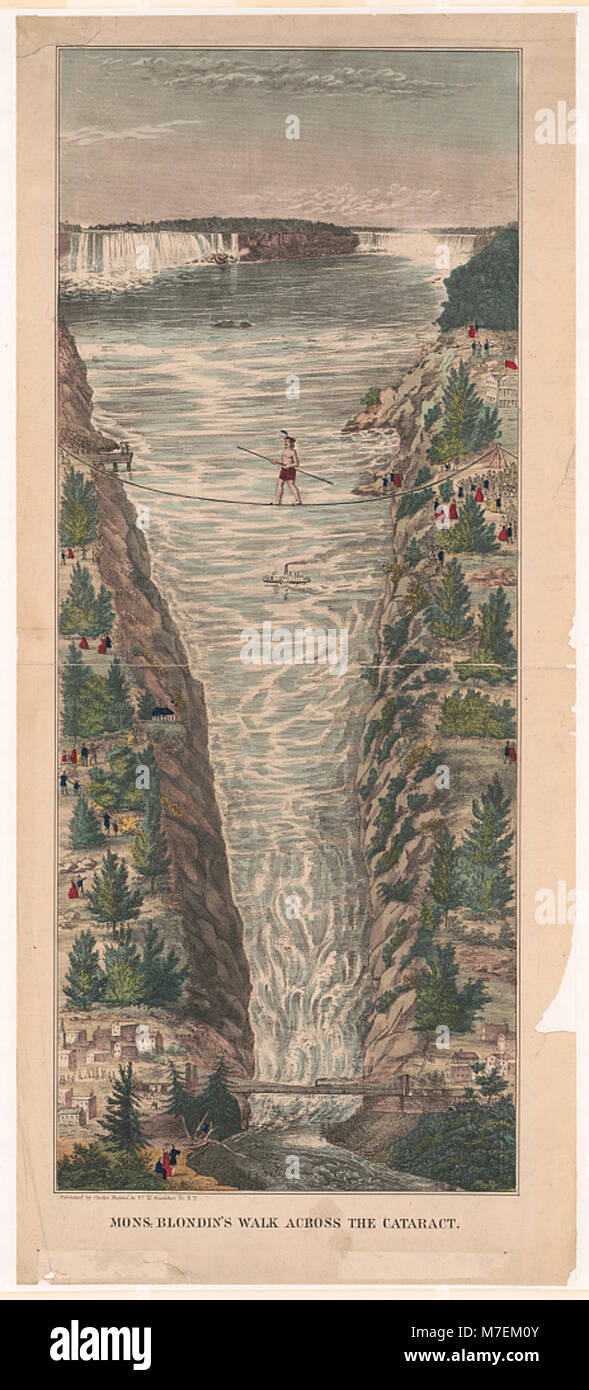 This image captures Mons. Blondin, a famous tightrope walker ...