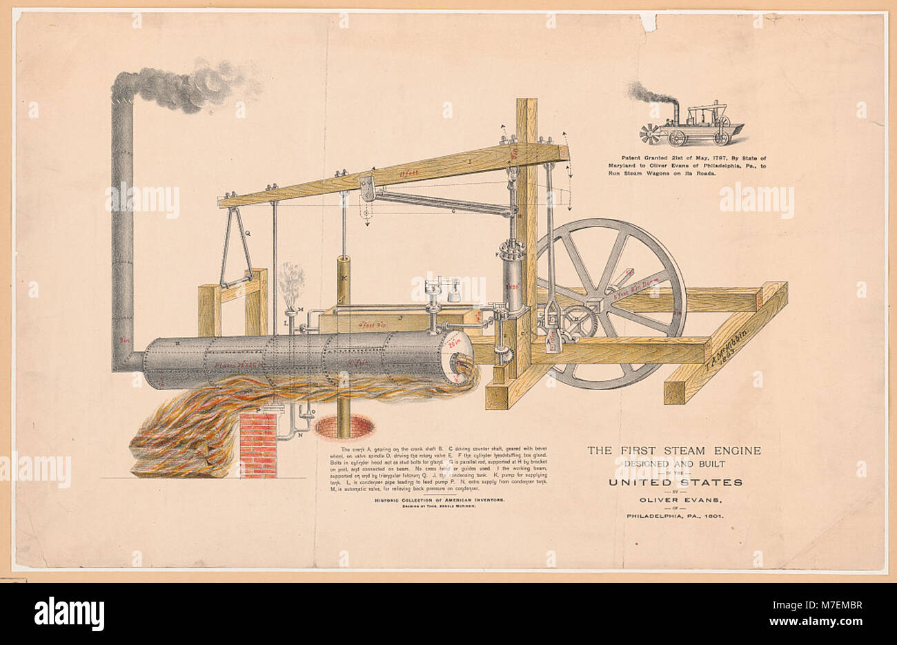 Illustration of the first steam engine built in the U.S. by Oliver ...