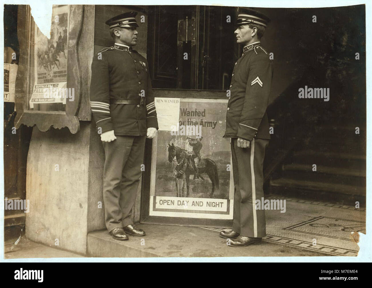 A historical photograph of a military recruiting station, documenting ...