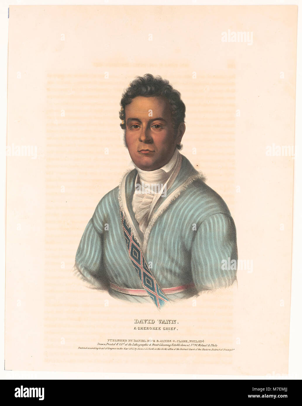 An artistic print depicting David Vann, a Cherokee chief, drawn and ...