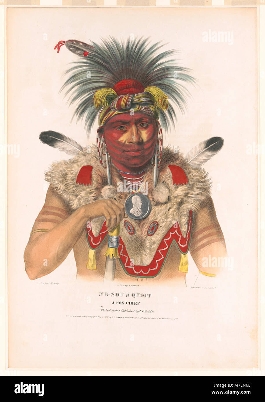 A lithograph depicting Ne-Sou-A Quoit, a chief of the Fox tribe ...