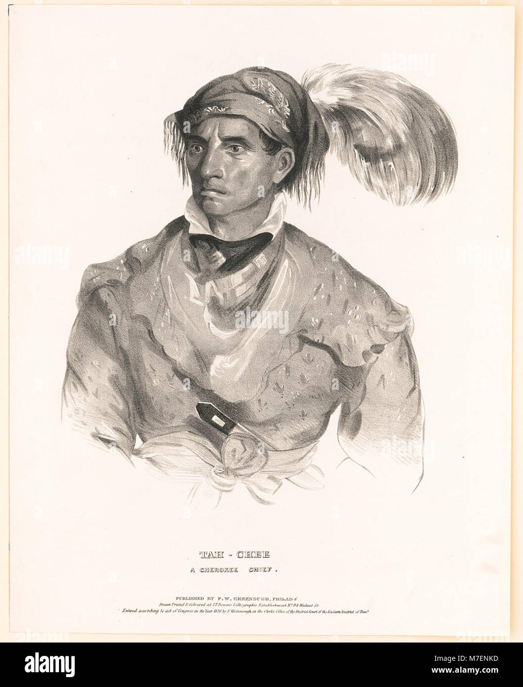 A lithograph of Tah-Chee, a Cherokee chief, created at I.T. Bowen's ...