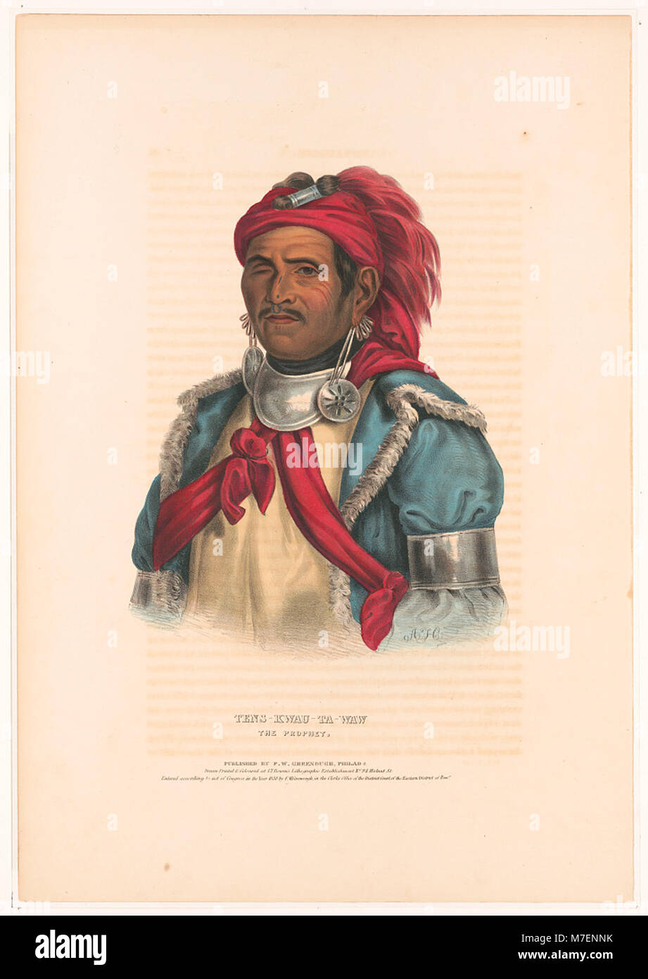 Lithograph of Tens-Kwau-Ta-Waw, a Native American prophet, drawn and ...