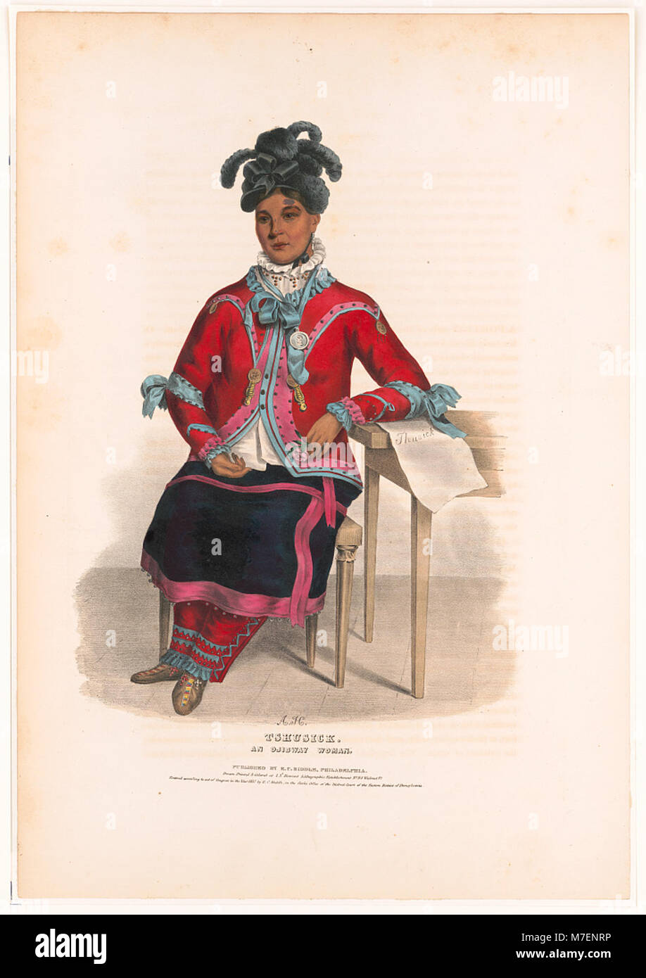 A lithograph depicting Tshusick, an Ojibway woman, created by A.H. and ...