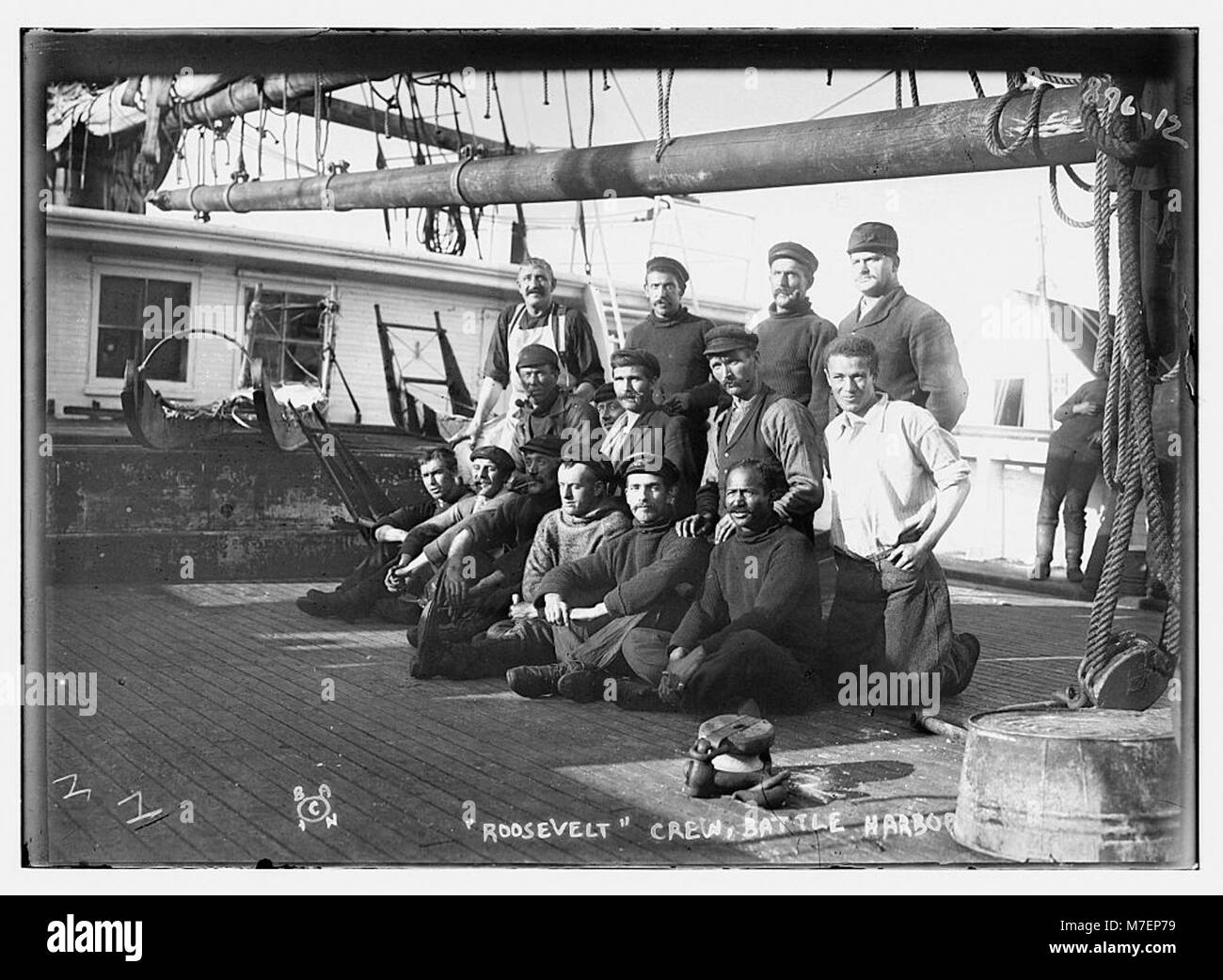 A historical photograph of Roosevelt's crew aboard a ship, shown on the ...
