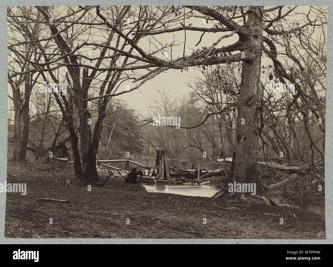 A photograph of the ruins of a railroad bridge at Blackburn's Ford ...