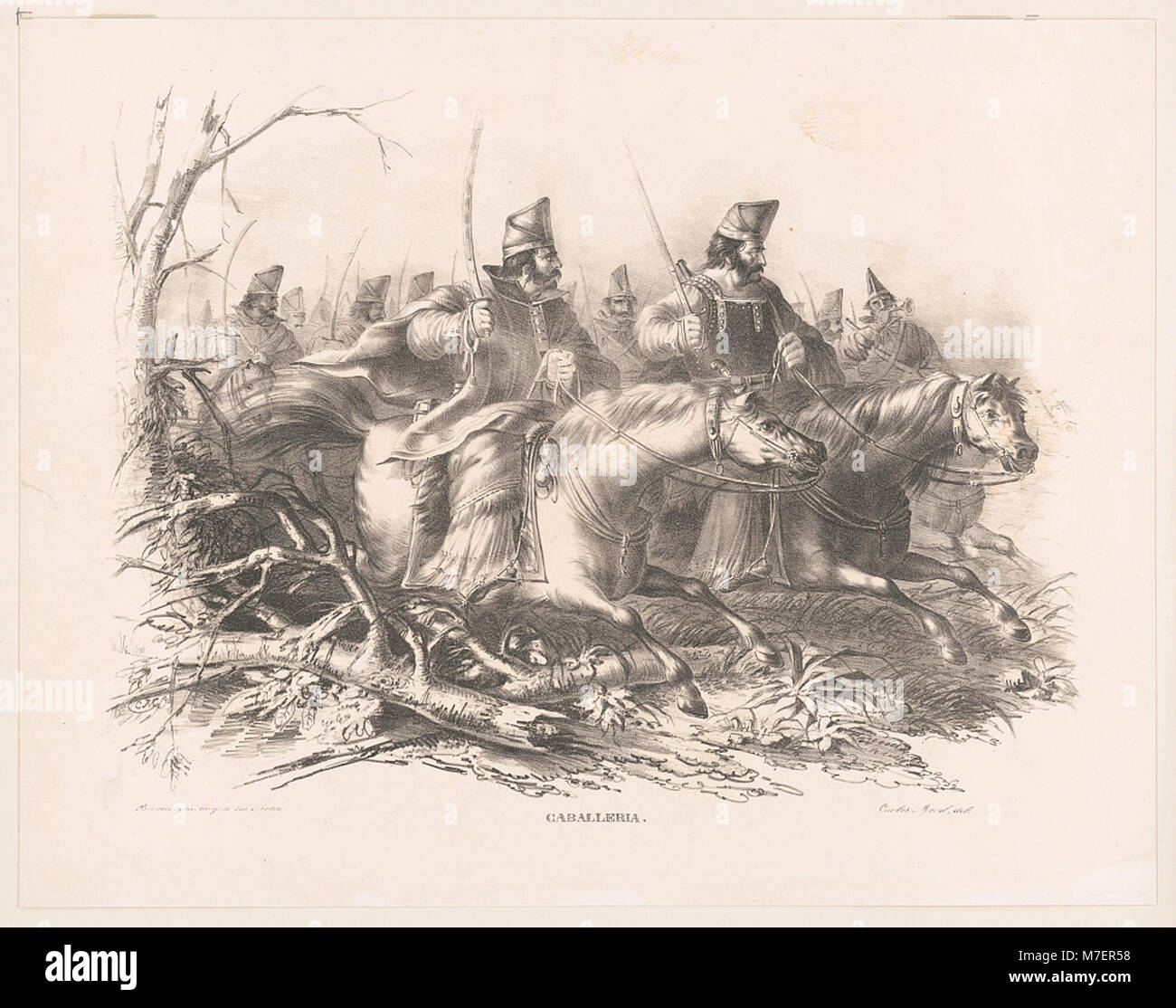 A historic depiction of a cavalry unit (caballeria), showcasing the ...