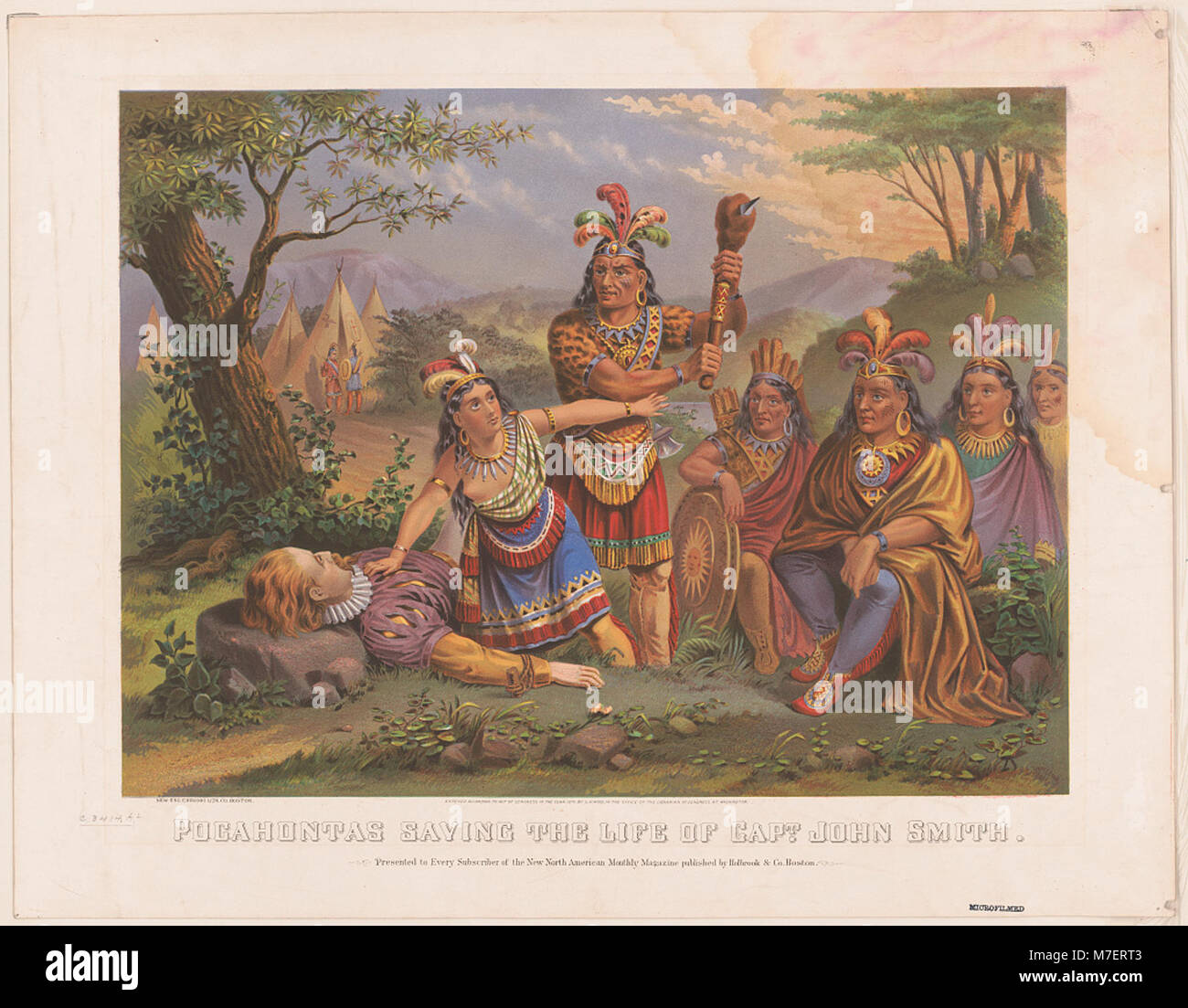 A lithographic print depicting the legendary moment of Pocahontas ...