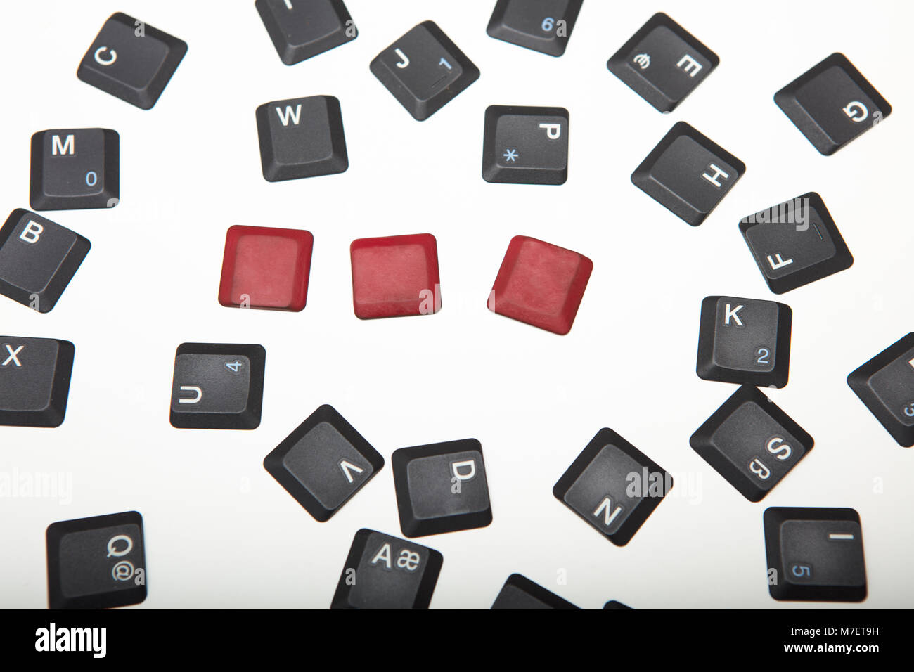 Overhead view of a composed alphanumeric computer keyboard with three ...
