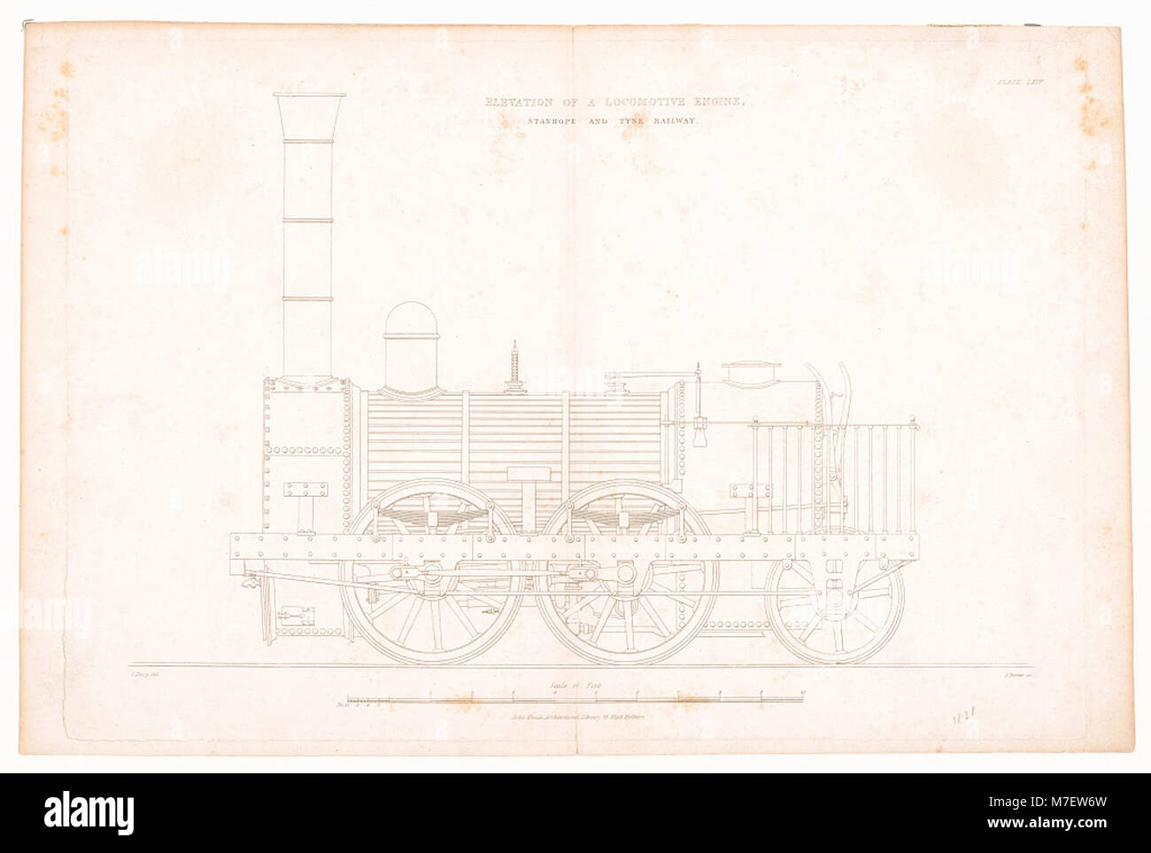 An engineering illustration showing the elevation of a locomotive ...
