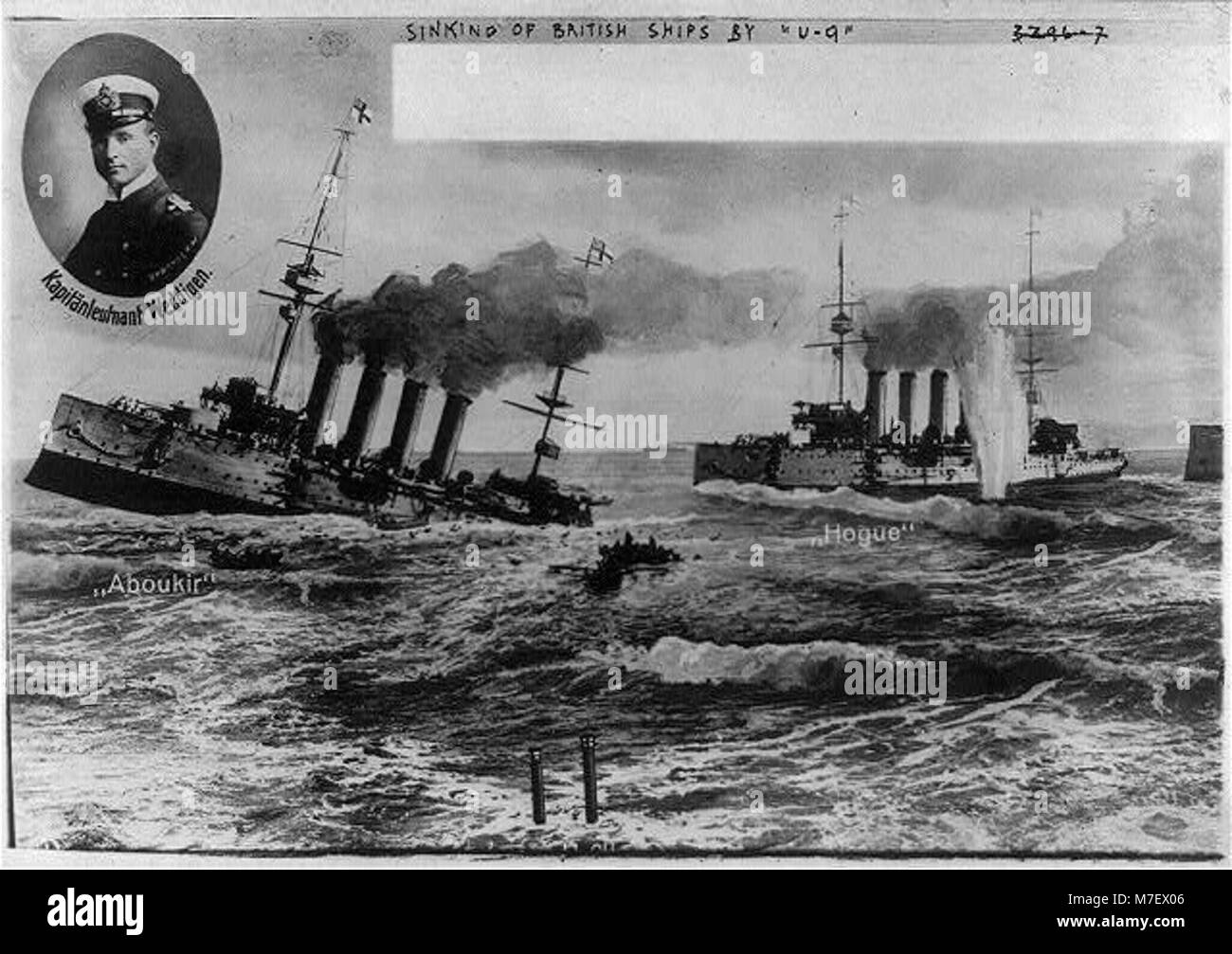 A historical image depicting the sinking of the British ships Hogue and ...