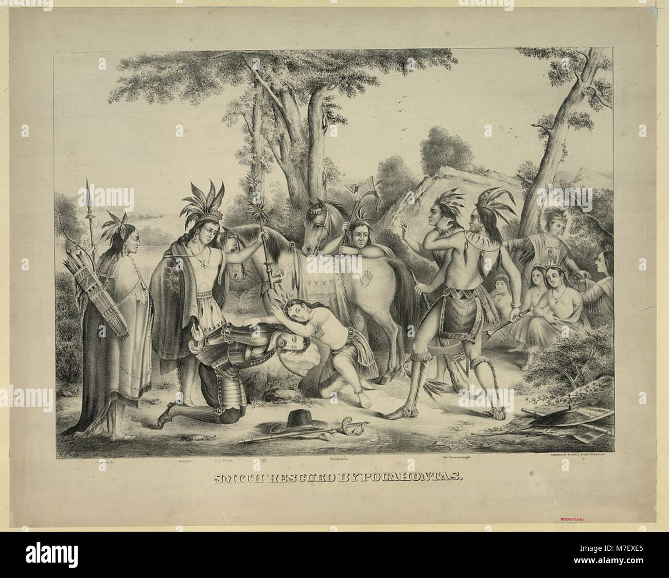 A depiction of the legendary rescue of John Smith by Pocahontas, a ...