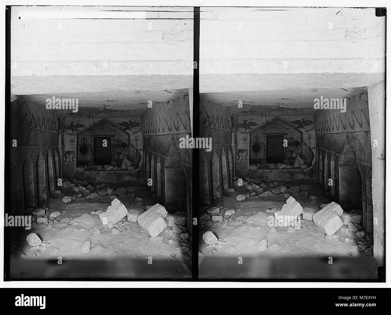 This image presents detailed paintings inside a tomb at Beit Jibrin in ...