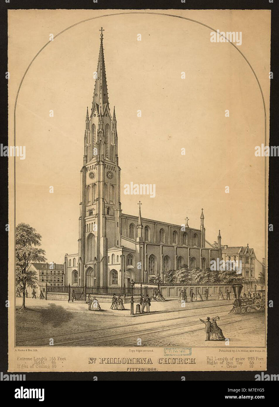 This lithograph depicts St. Philomena Church in Pittsburgh, a notable ...