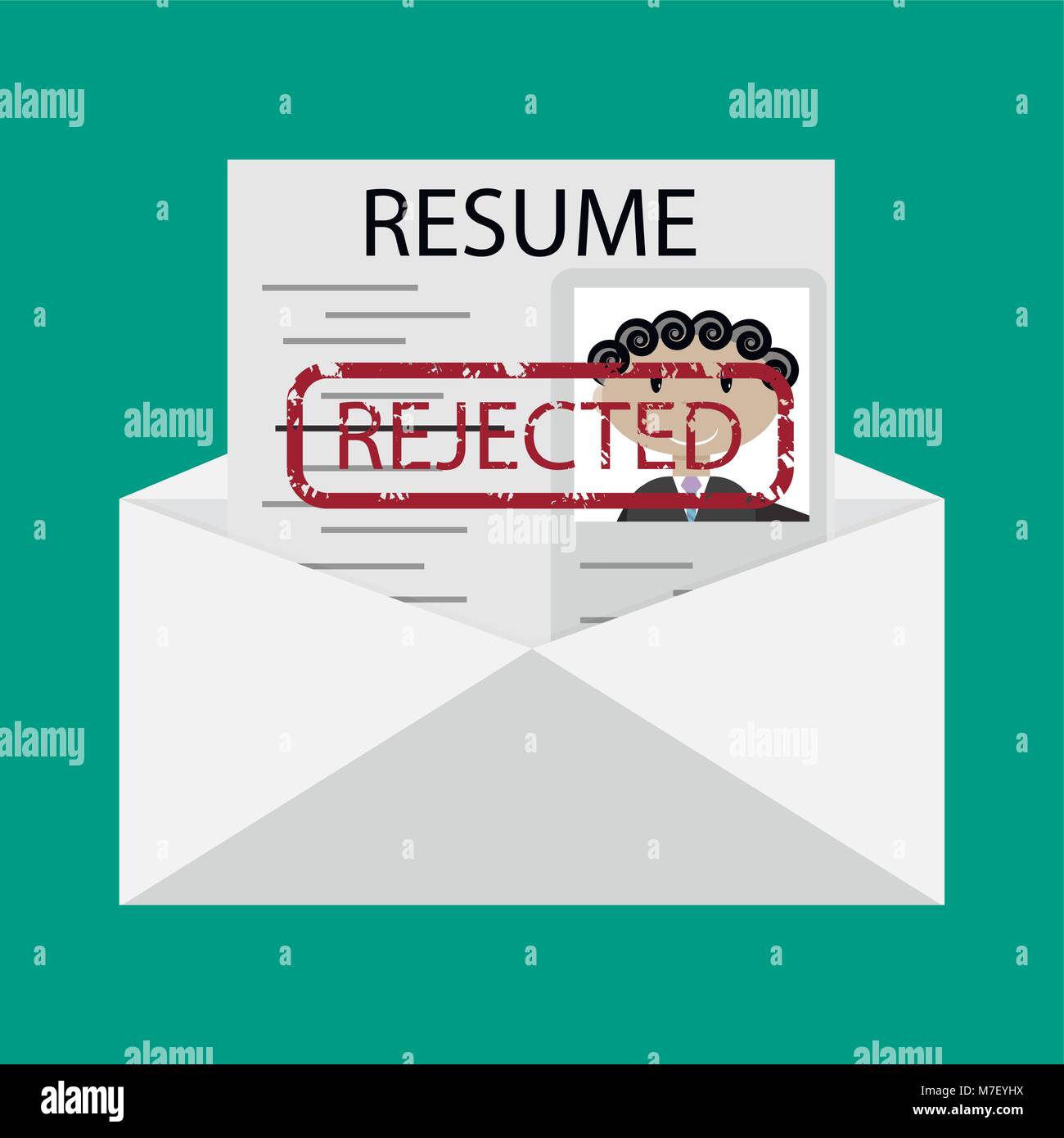 Letter with declined CV. Vector resume document with stamp rejected ...