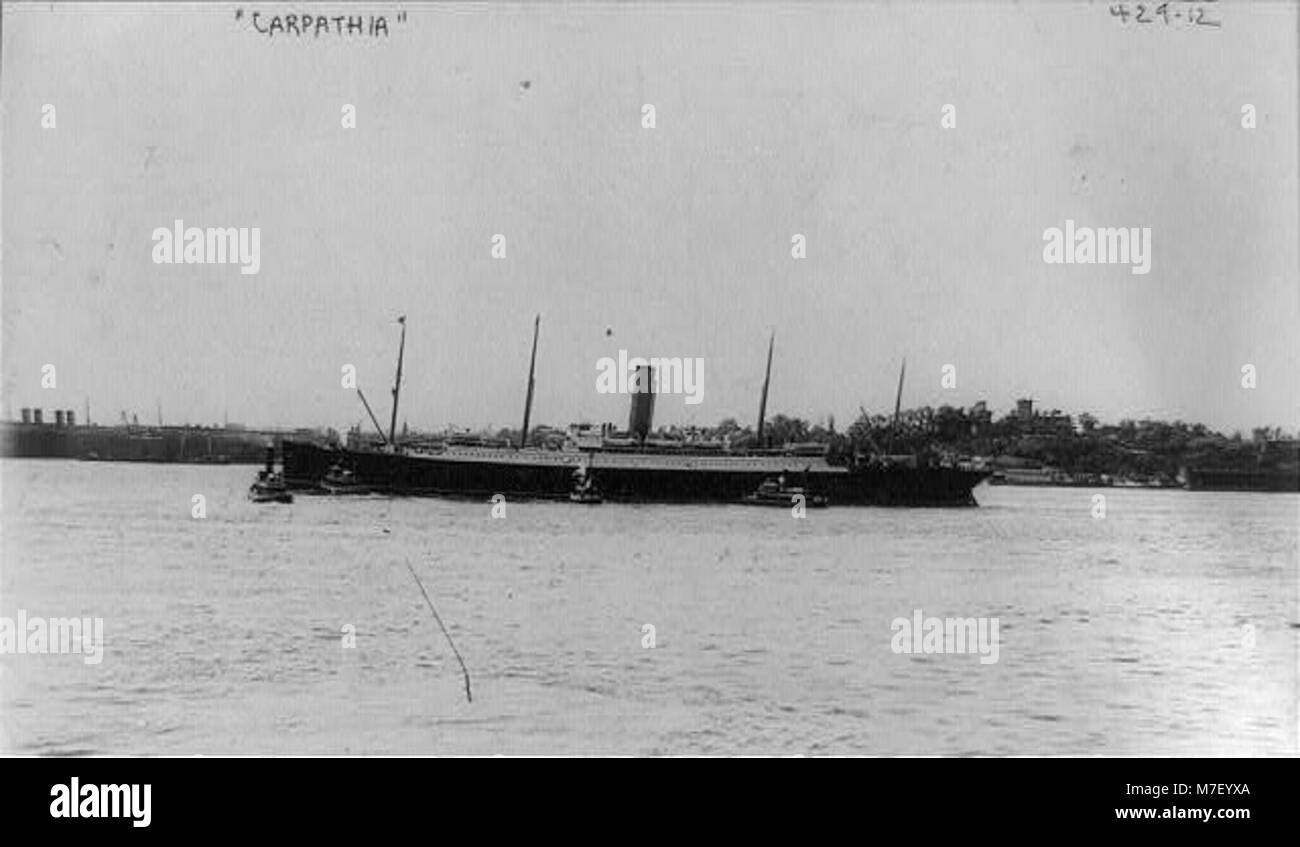 Steamship CARPATHIA - broadside view, port side, 4 tugboats alongside ...