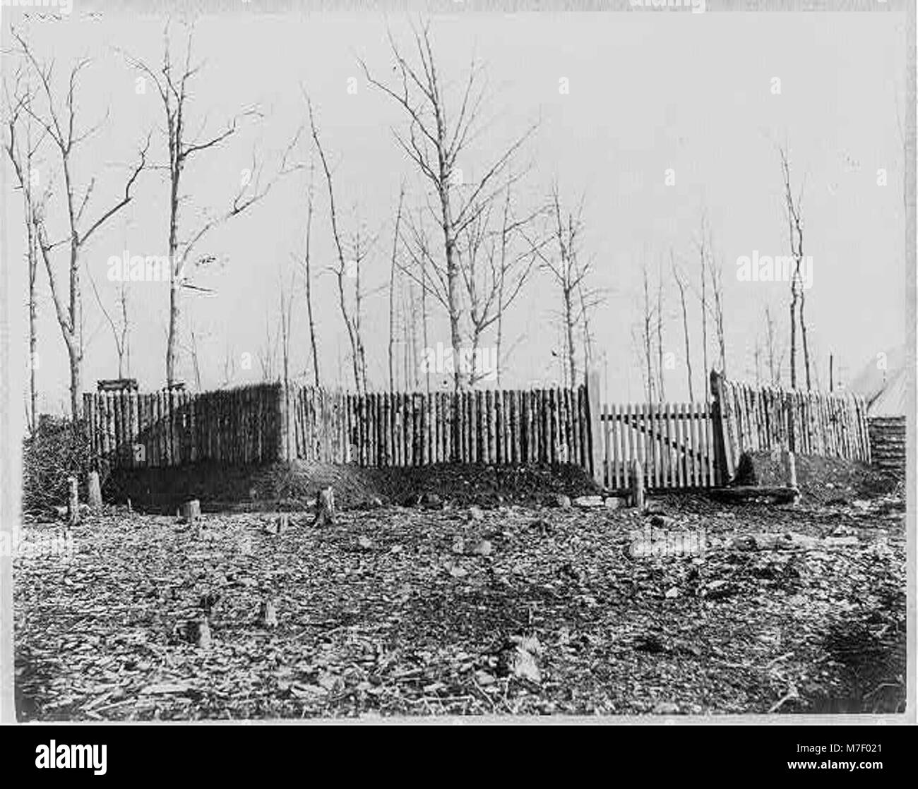 The image shows the stockade and entrance to the camp of the 50th New ...
