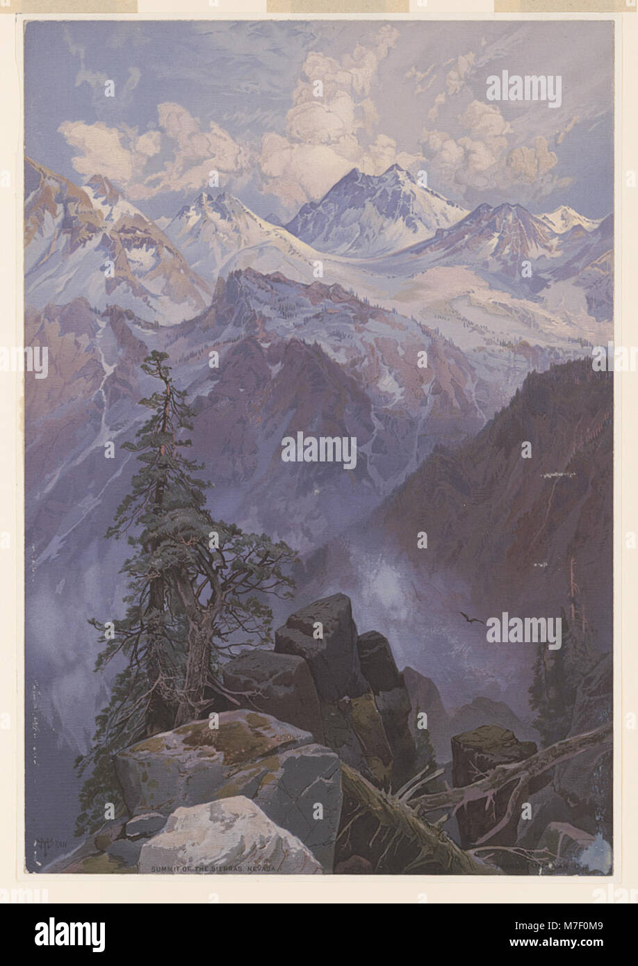 This lithograph by T. Moran depicts the Summit of the Sierras in Nevada ...