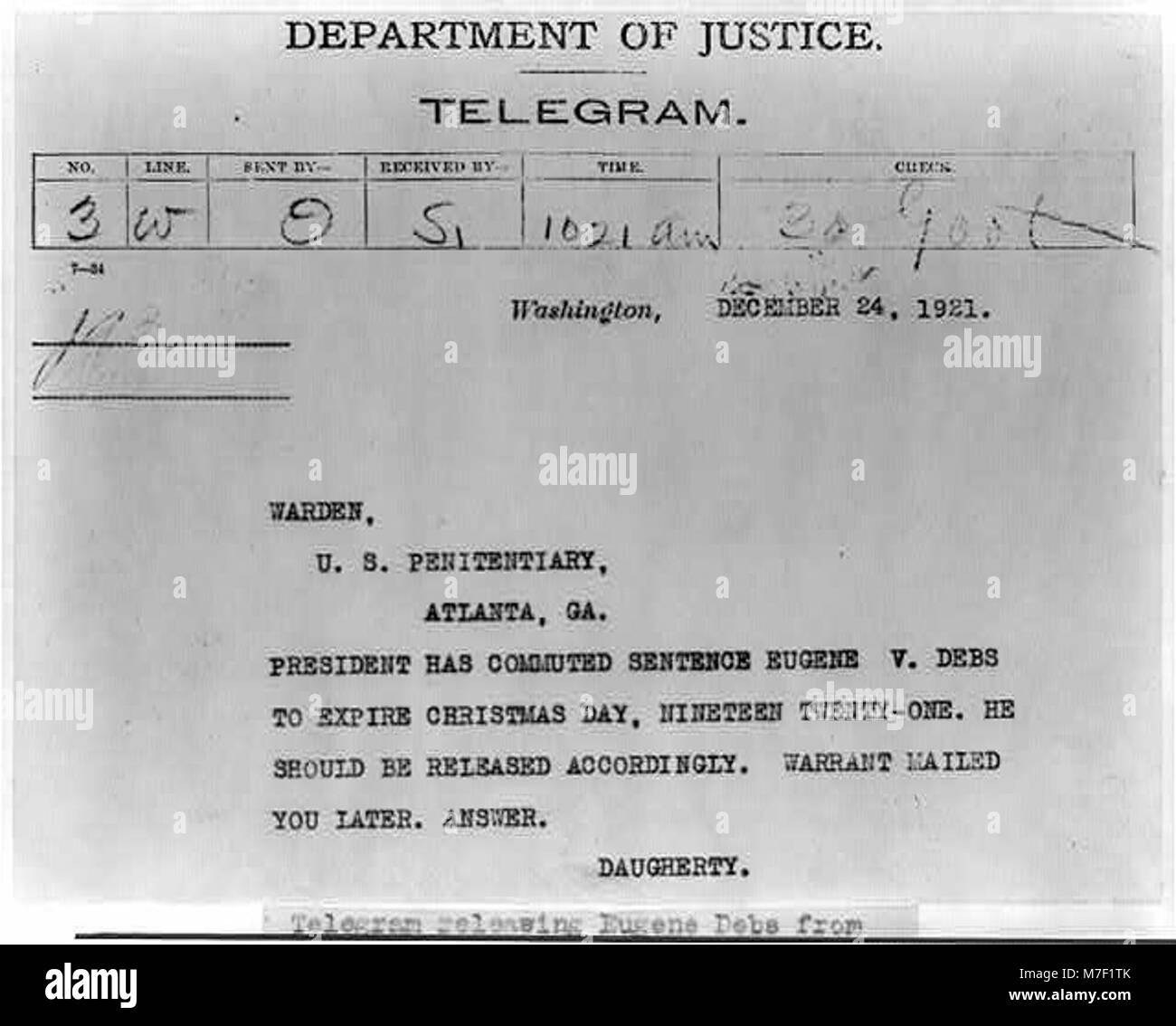 A telegram from Attorney General Daugherty to the Warden of Atlanta ...