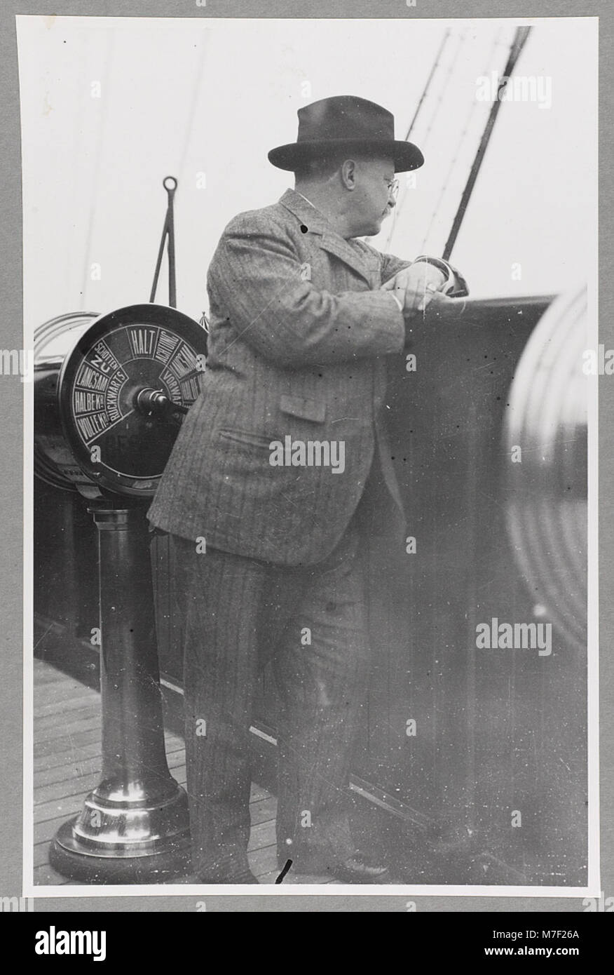 A photograph of Theodore Roosevelt aboard the ship 'K.A.V.', likely ...