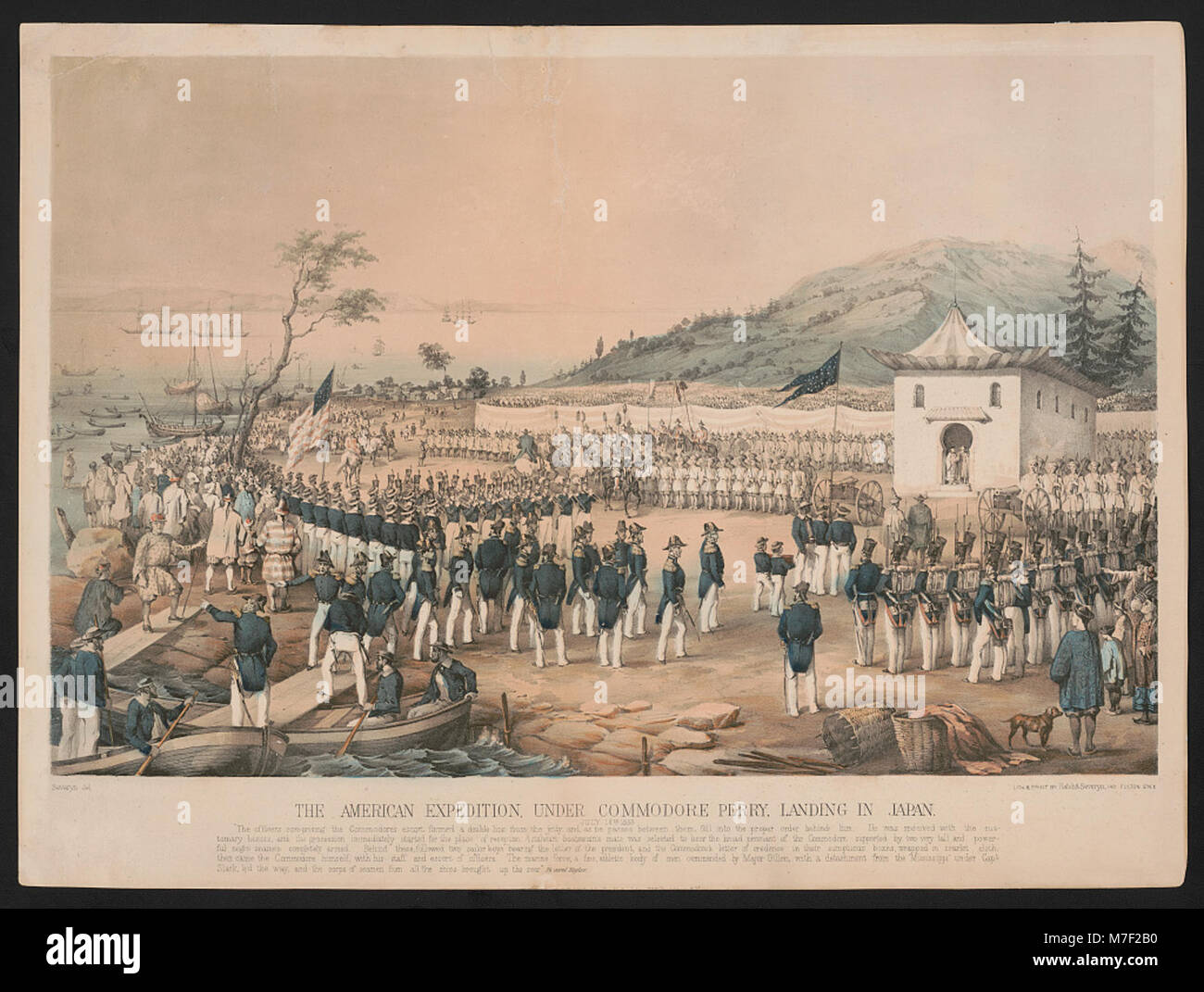 A lithograph depicting the American expedition led by Commodore Perry ...