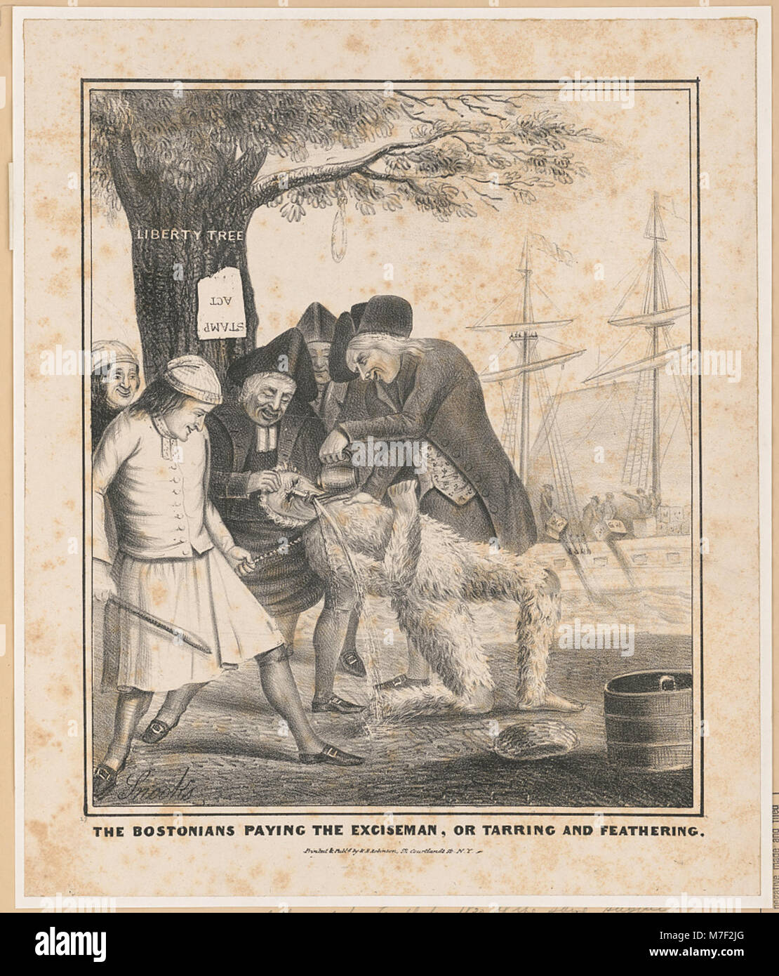 The illustration depicts an 18th-century scene of Bostonians engaging ...