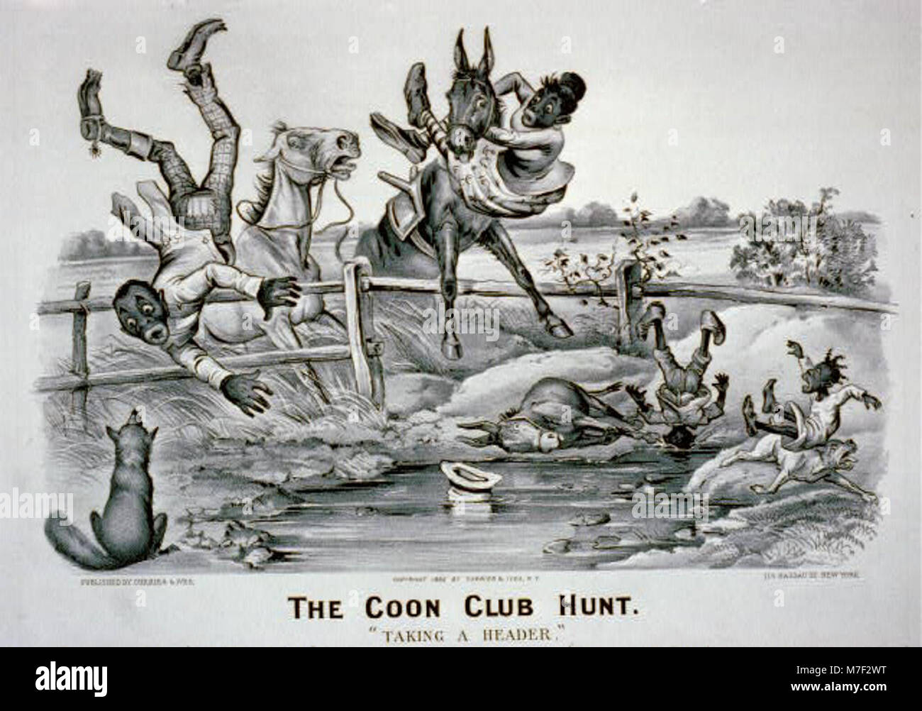 A scene depicting a coon hunt, showing a person involved in a playful ...