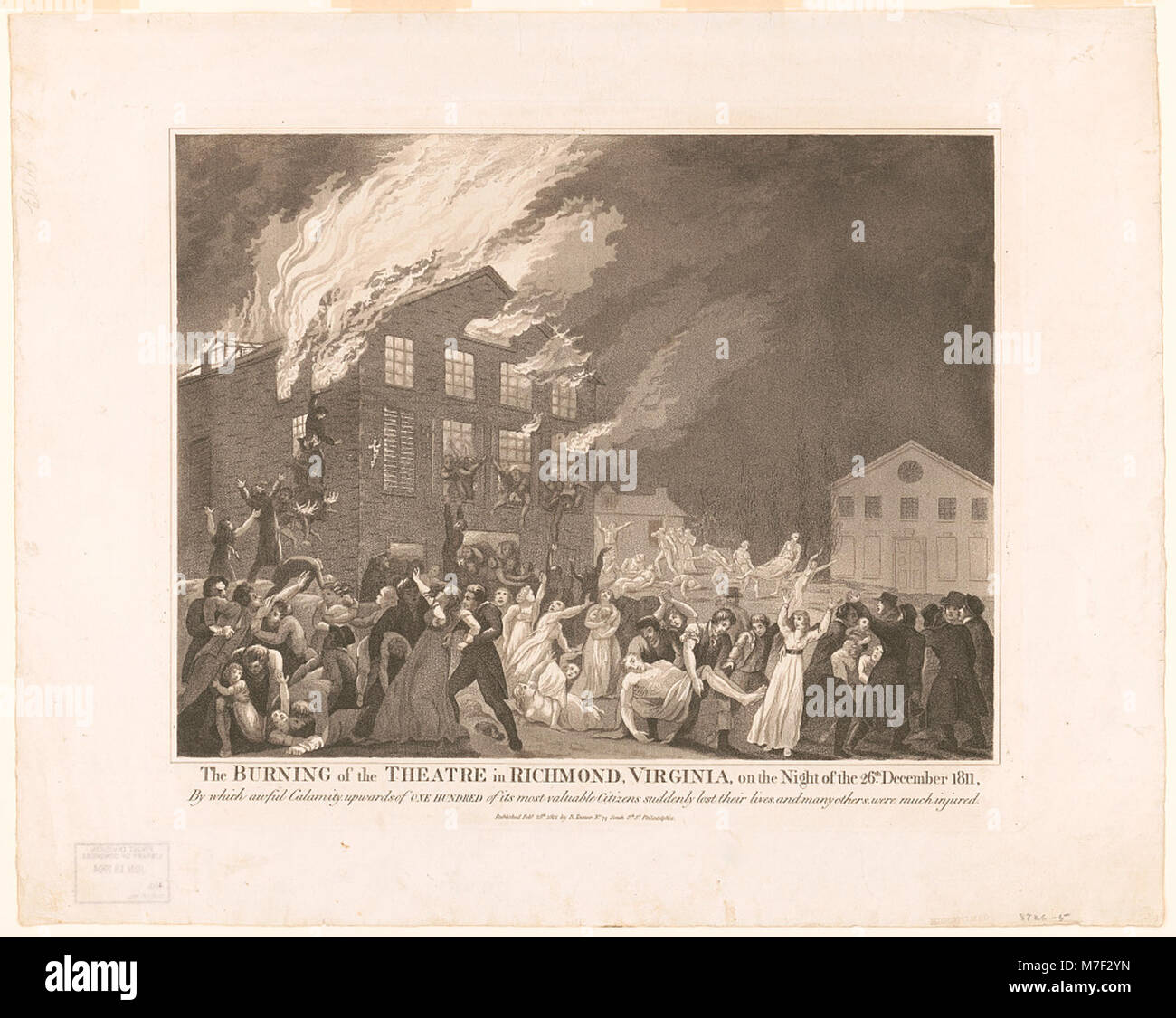 A historical depiction of the burning of the Richmond Theatre in ...