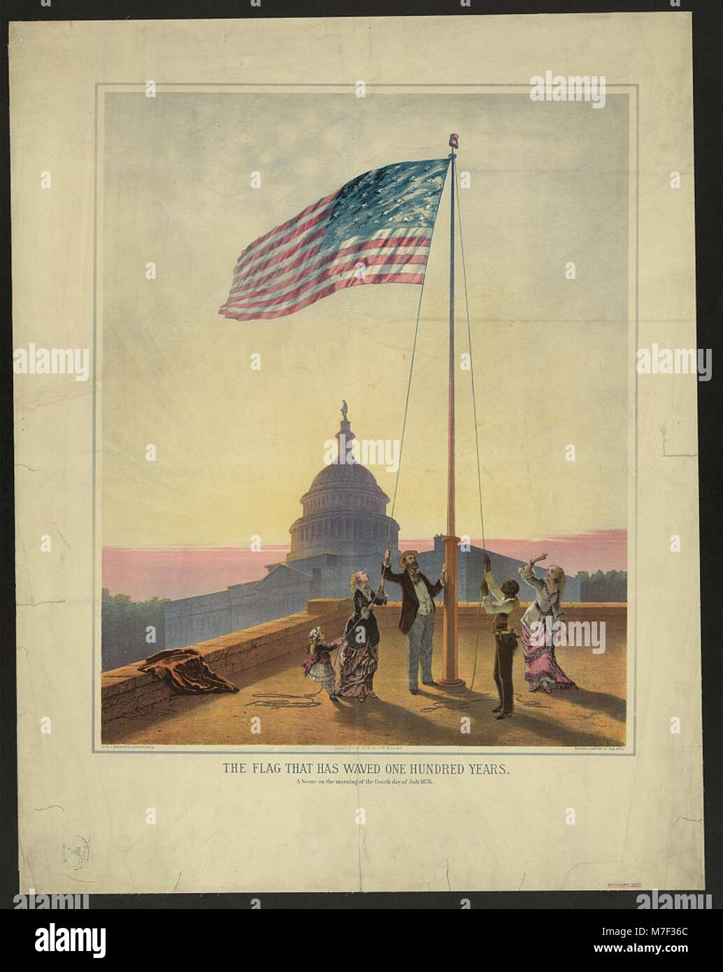 A commemorative scene depicting the American flag on July 4th, 1876 ...