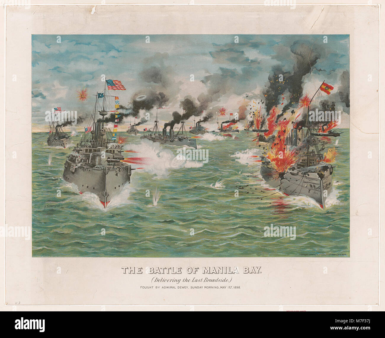Depicts a moment from the Battle of Manila Bay, with the ship ...