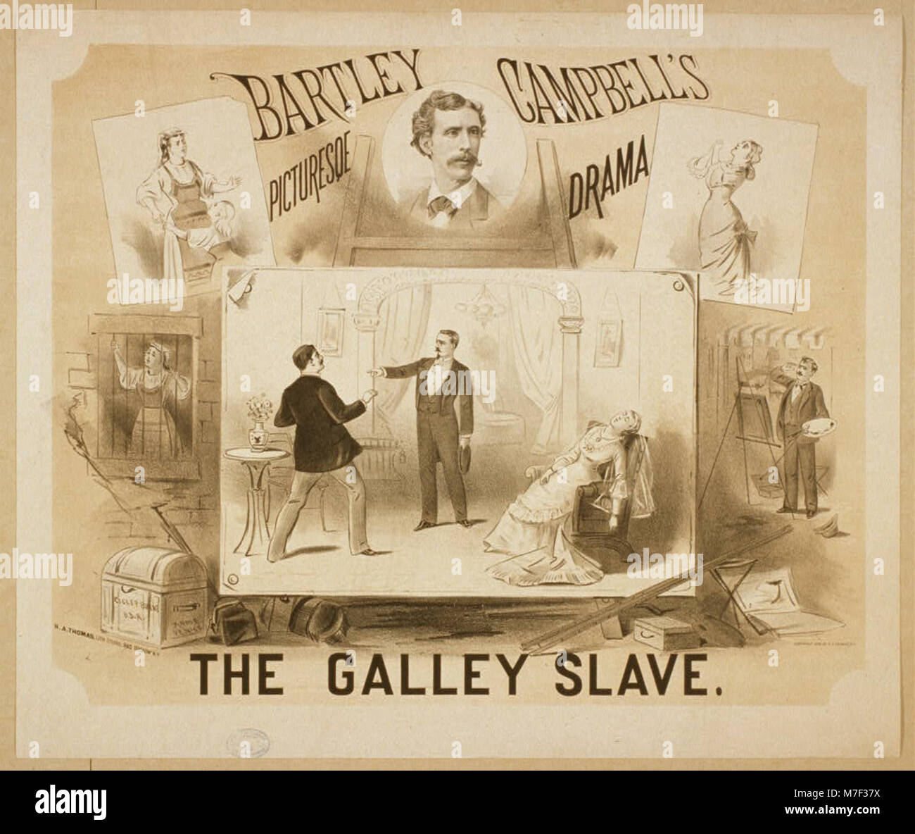 A promotional image for 'The Galley Slave', a drama by Bartley Campbell ...