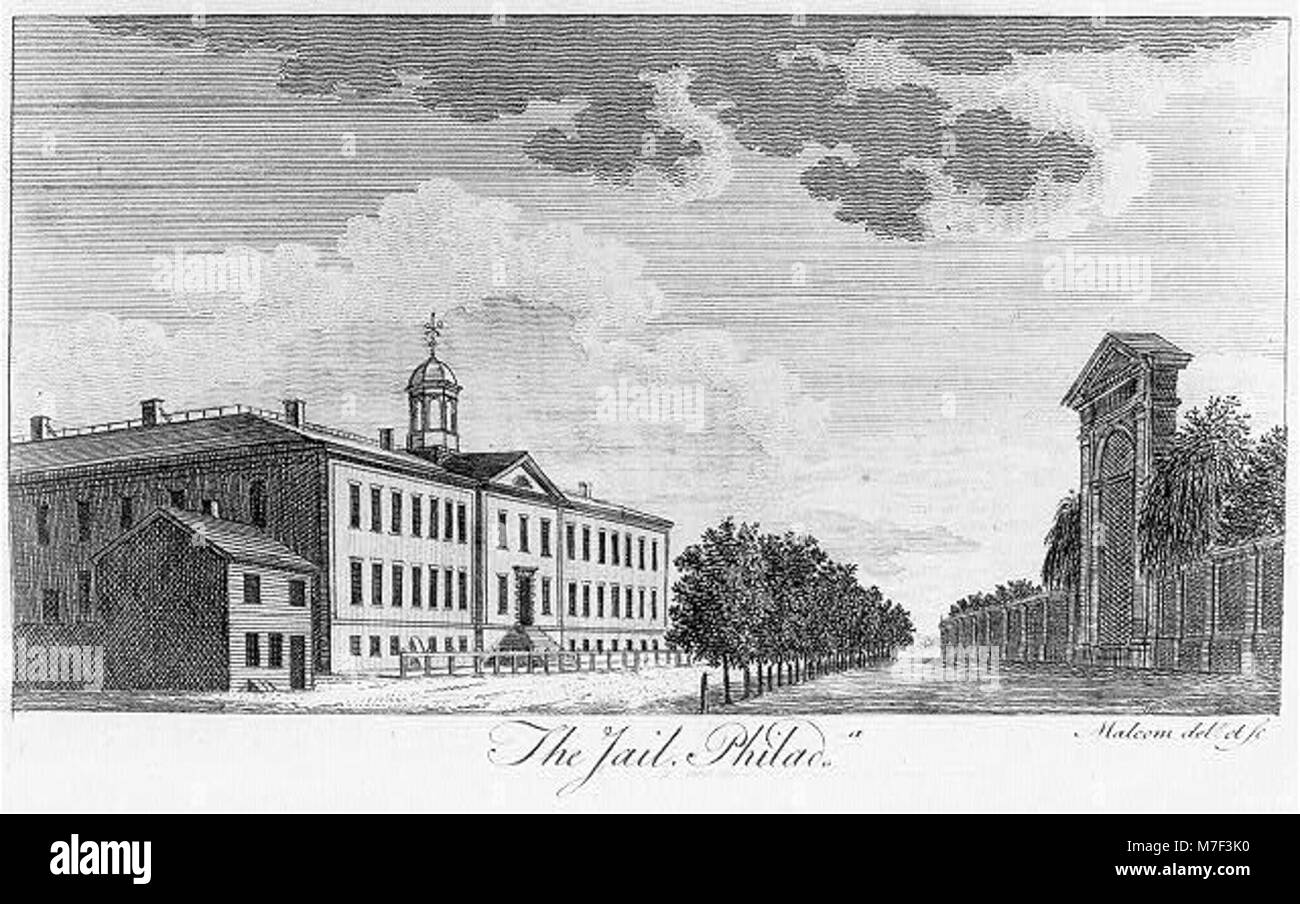 A historical illustration of a jail in Philadelphia, depicting its ...