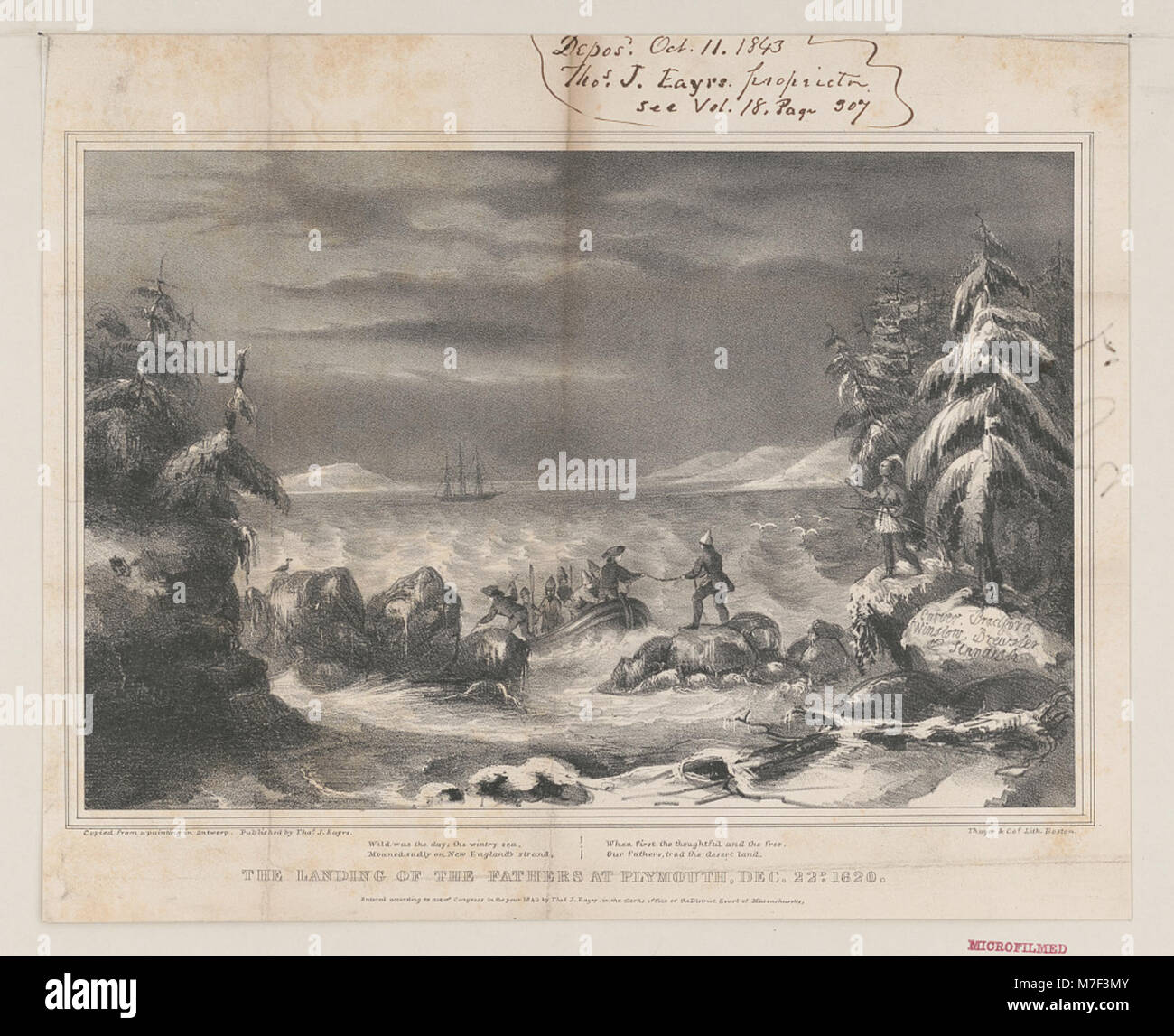 A depiction of the historic landing of the Pilgrims at Plymouth on ...