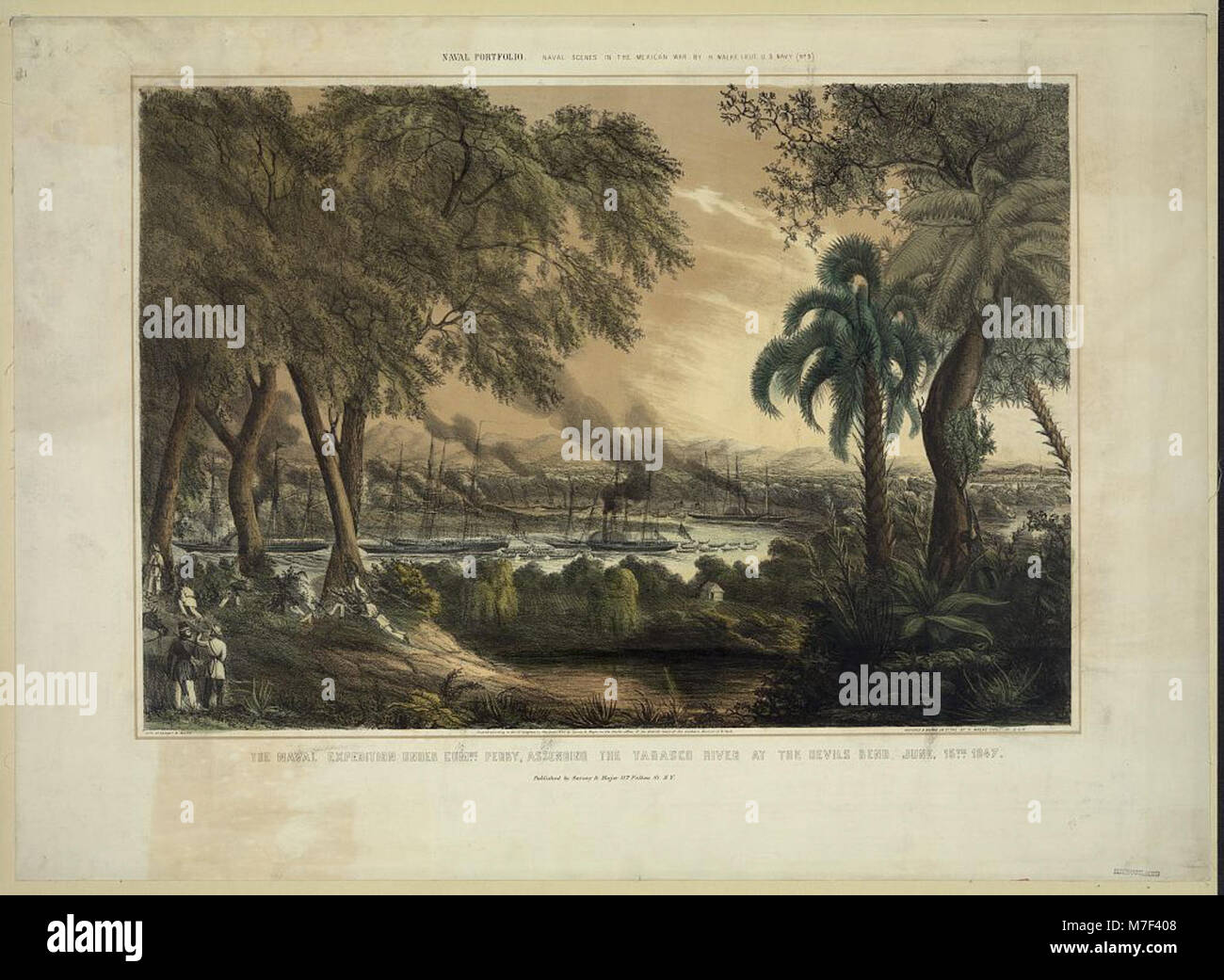 The lithograph depicts Commodore Perry’s naval expedition up the ...