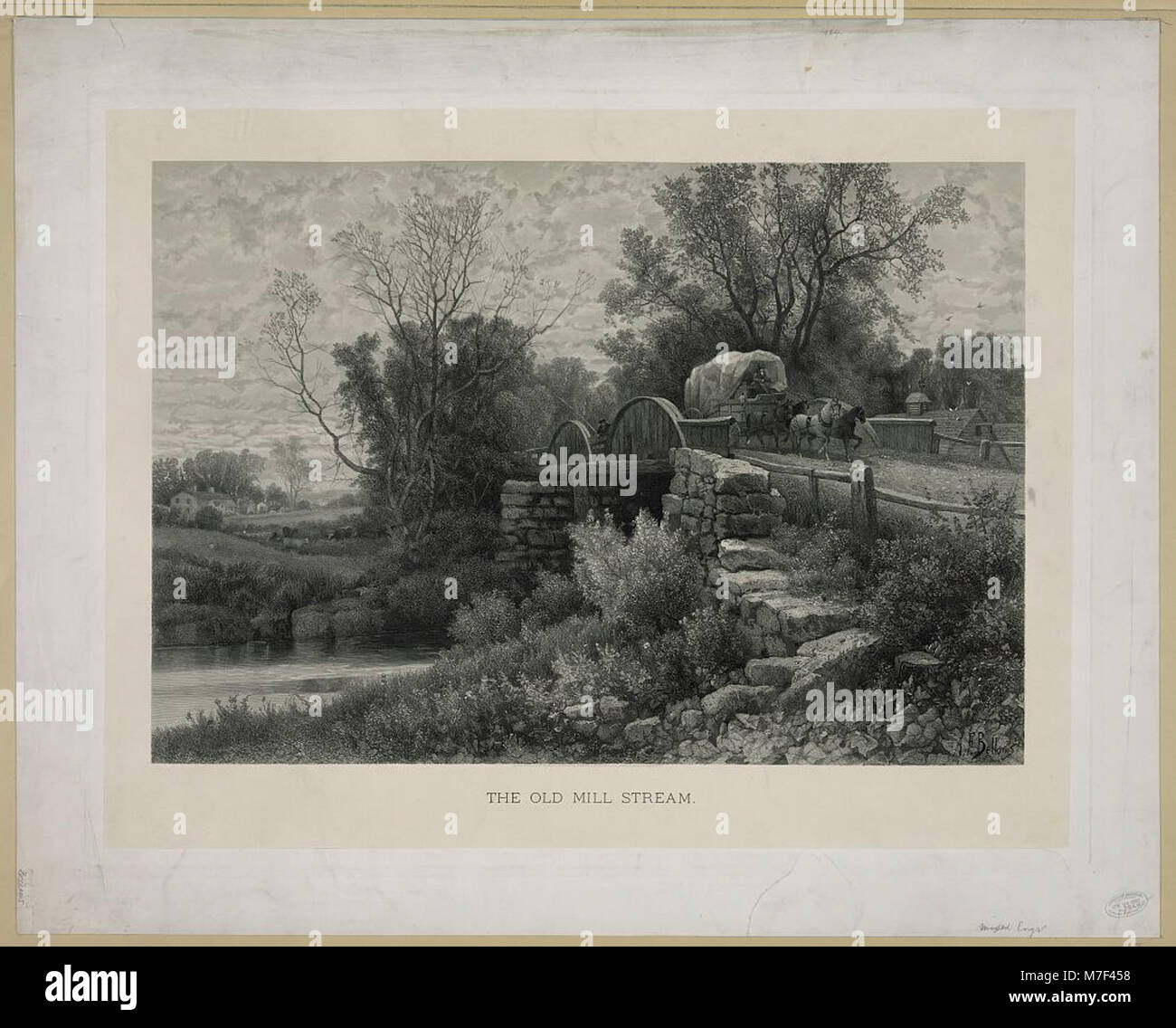 A serene scene of an old mill stream, with its calm waters flowing past ...